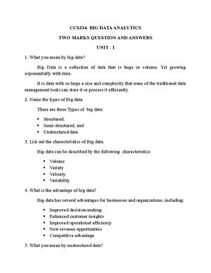 Big Data Analytics - CCS334 - Studocu
