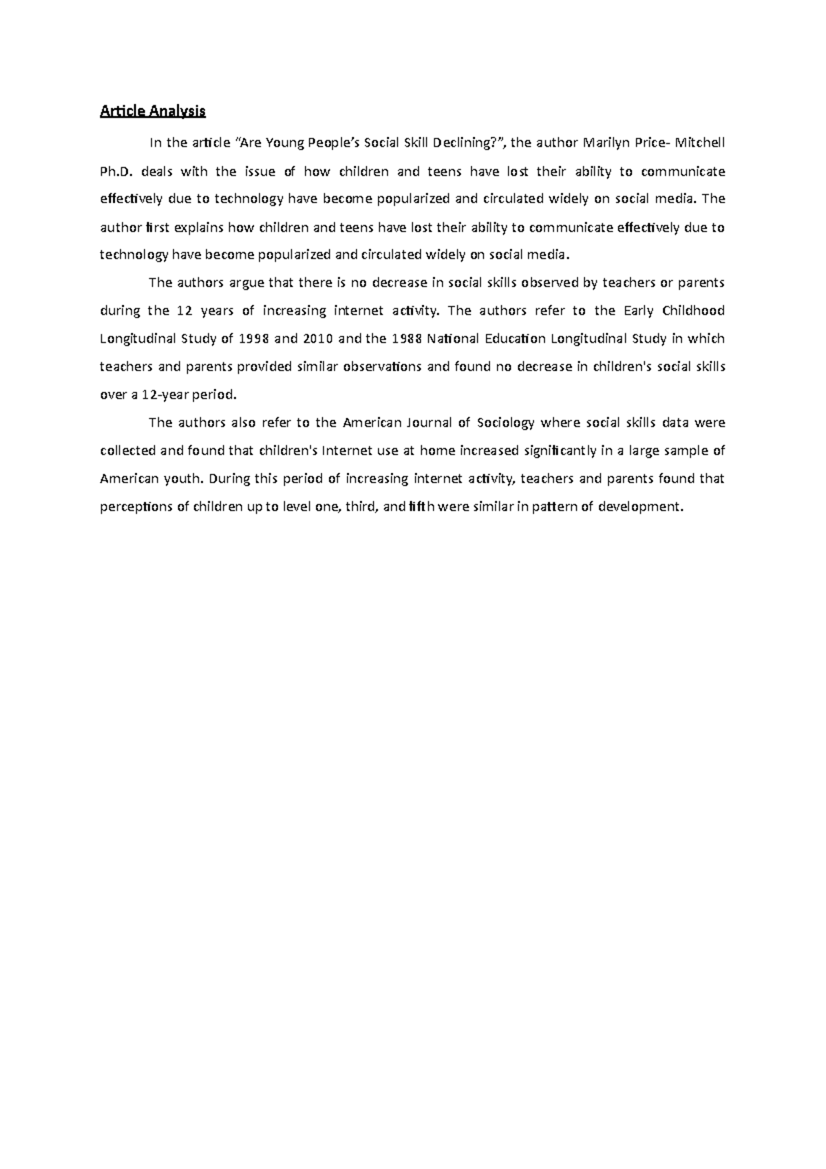 Article Analysis - elc501 - Article Analysis In the article “Are Young ...