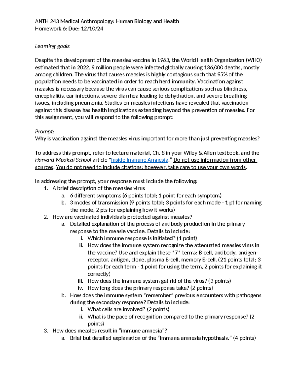 HW 6. Immune Amnesia - Homework 6 assignment - ANTH 243 Medical ...