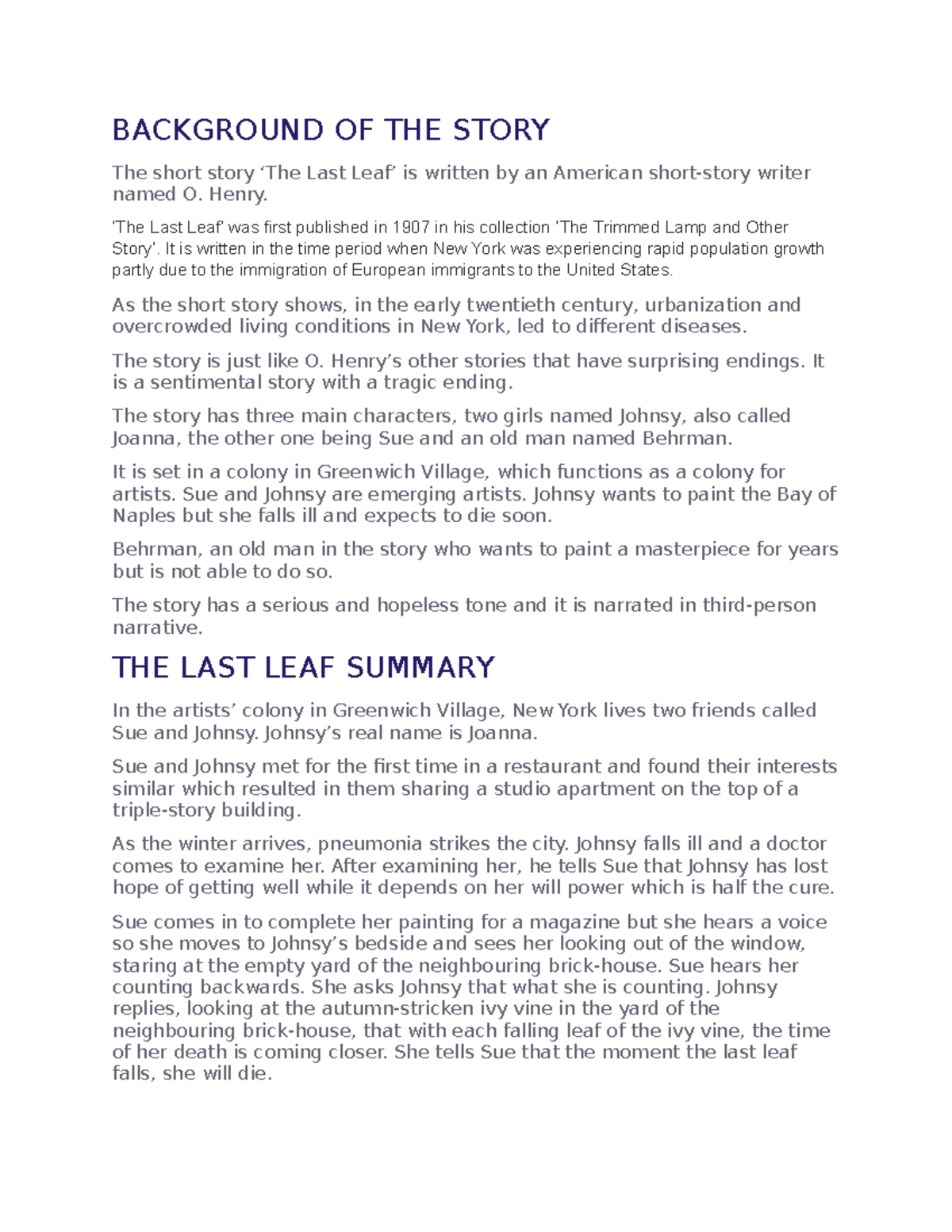 The last leaf summury - This is use for english subject - BACKGROUND OF ...