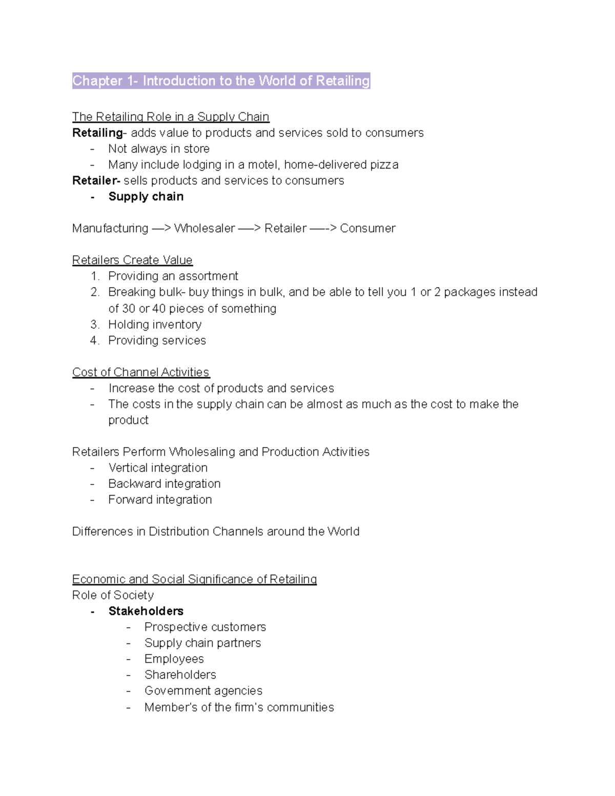 Chapter 1- Introduction to the World of Retailing - Providing an ...