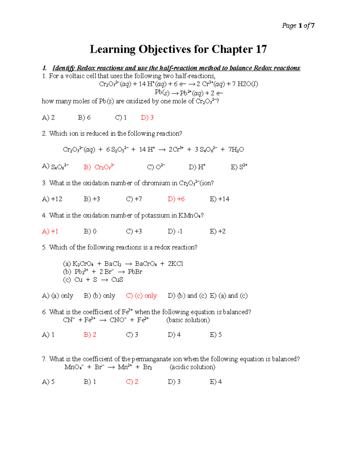 Learning Objectives Chapter 17 - Learning Objectives for Chapter 17 1. Identify Redox reactions ...