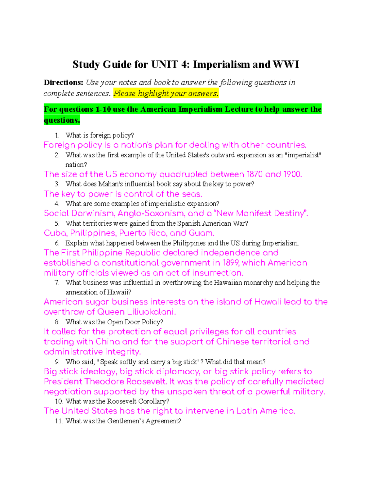 Study Guide for Unit 4 - Study Guide for UNIT 4: Imperialism and WWI ...