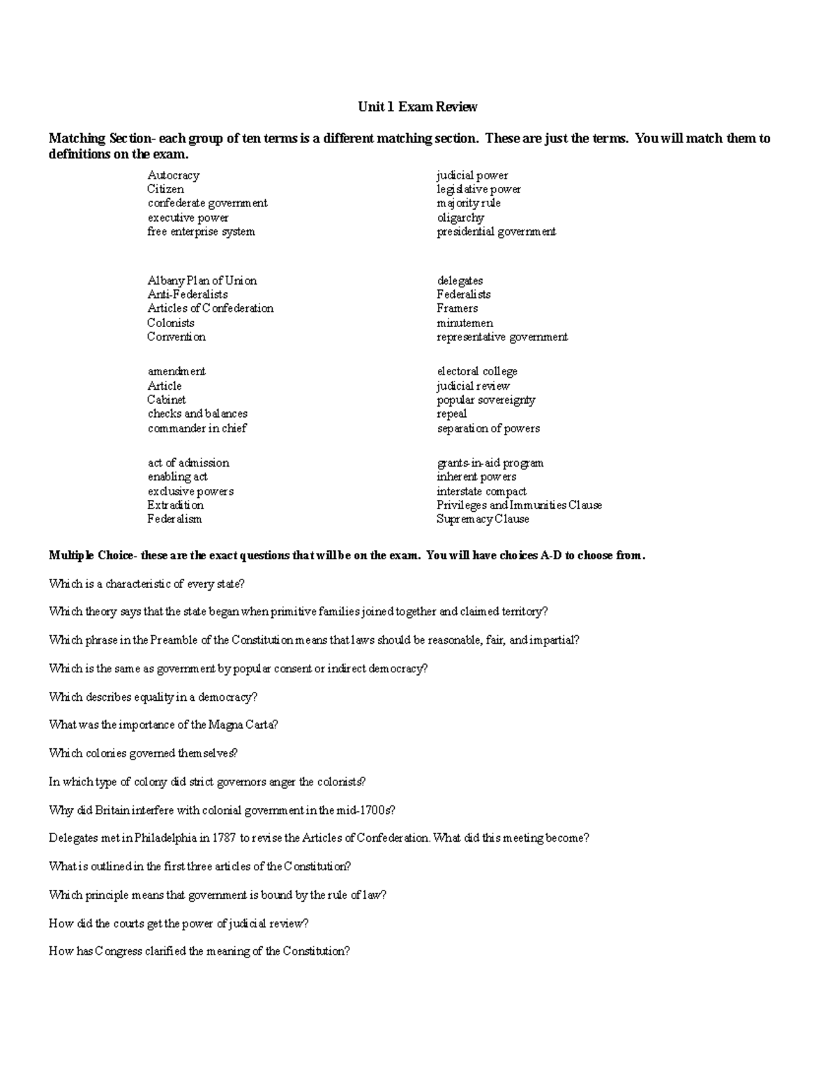 Gov. Unit 1 Review Sheet - Unit 1 Exam Review Matching Section- each ...