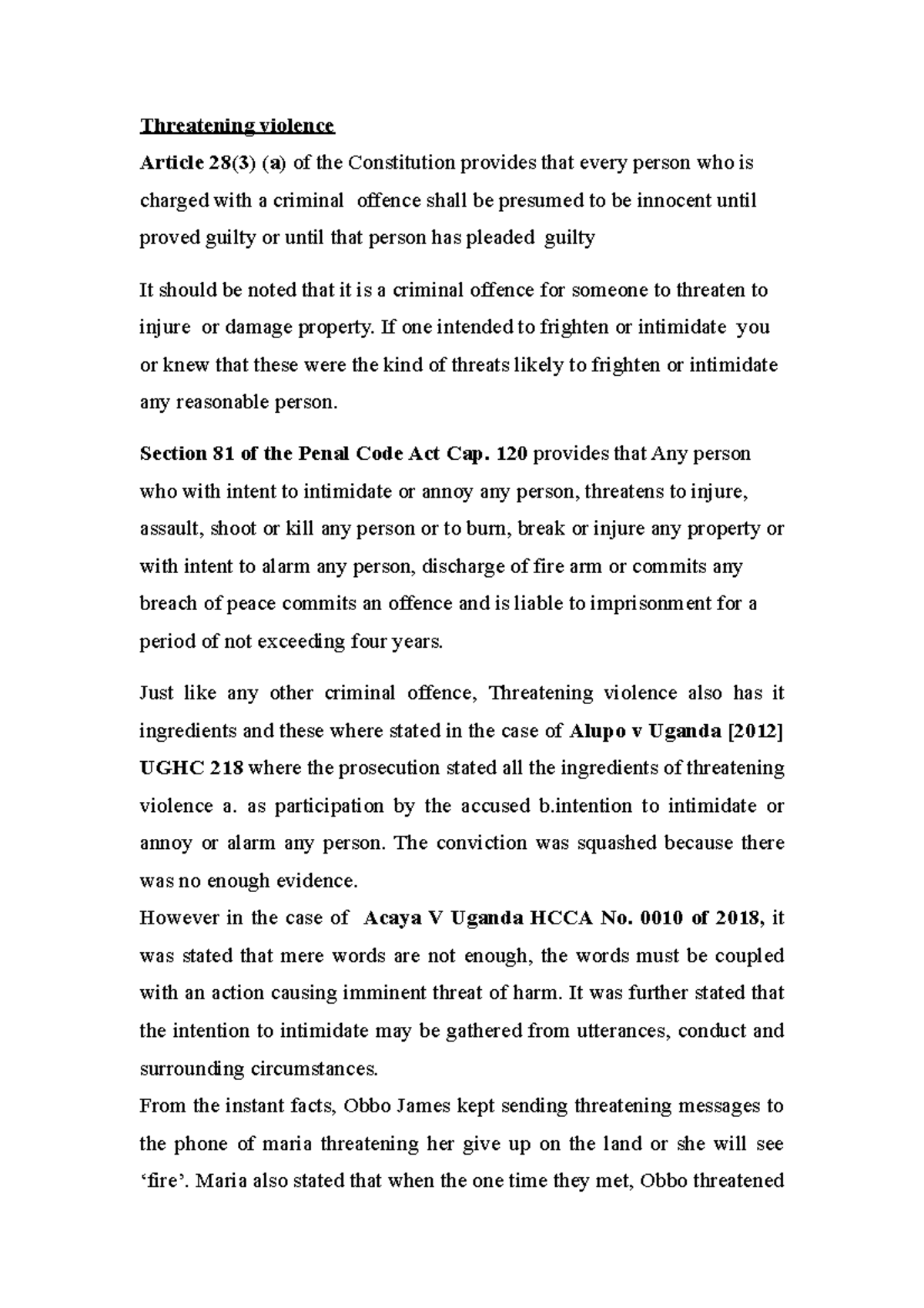 Threatening violence - Okay - Threatening violence Article 28(3) (a) of ...