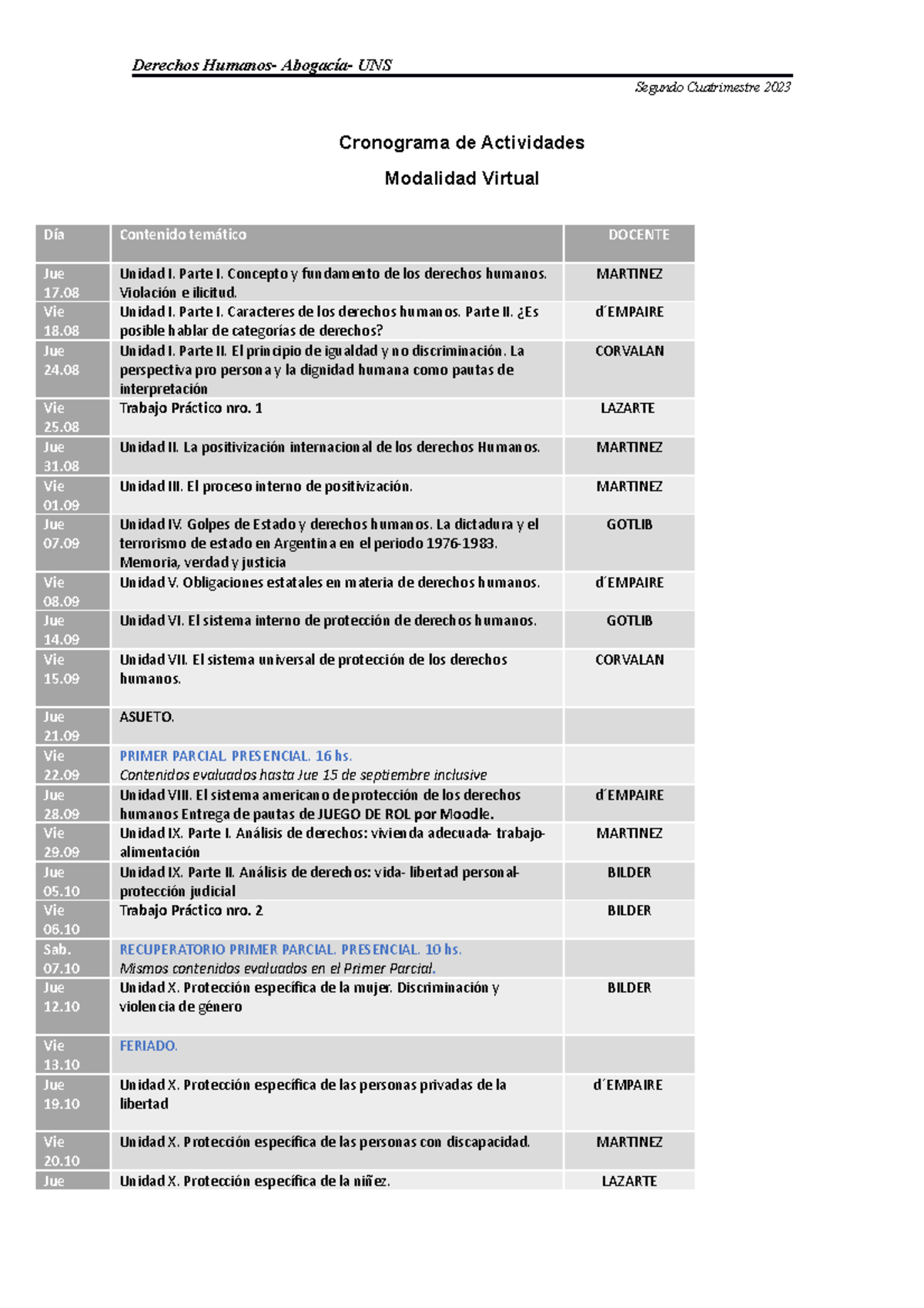 Cronograma DDHH UNS 2C 2023 - Derechos Humanos- Abogacía- UNS Segundo ...