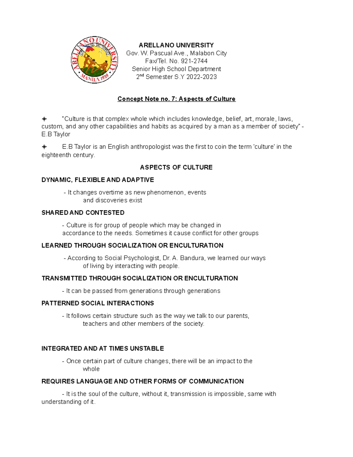 Arellano University UCSP Concept Notes - ARELLANO UNIVERSITY Gov. W ...