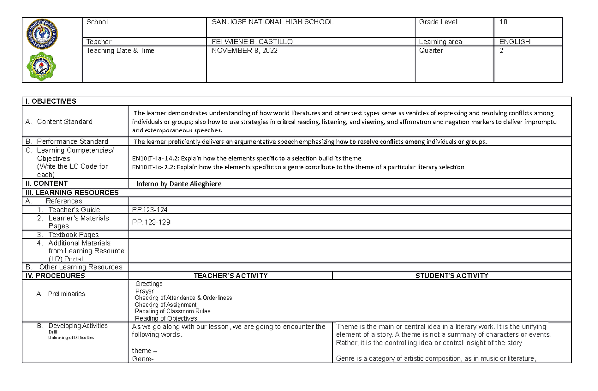 WEEK 1 - DAY 2 - Lesson Plan in English - School SAN JOSE NATIONAL HIGH ...