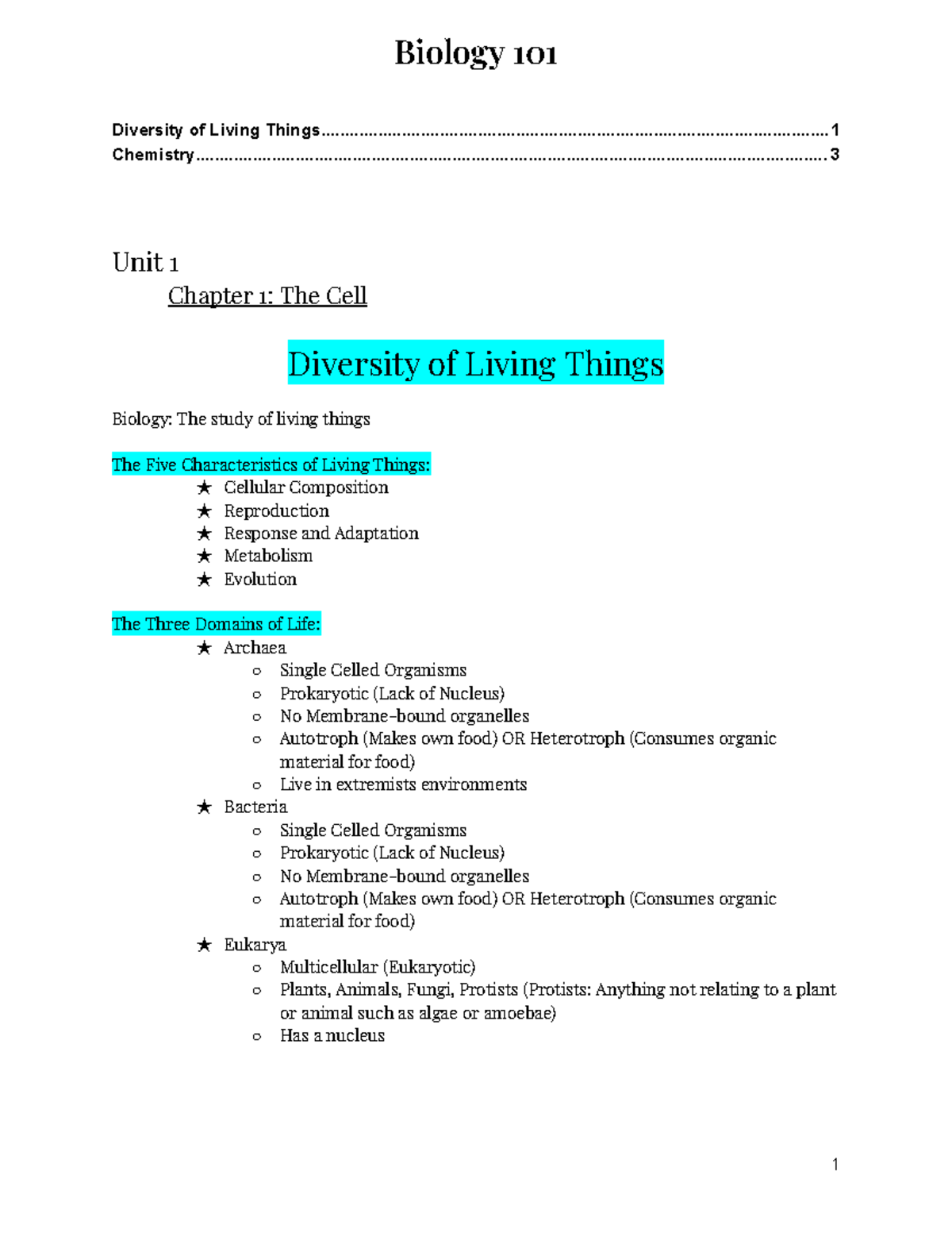 Biology 101 Study Notes - Biology 101 Diversity of Living - Studocu
