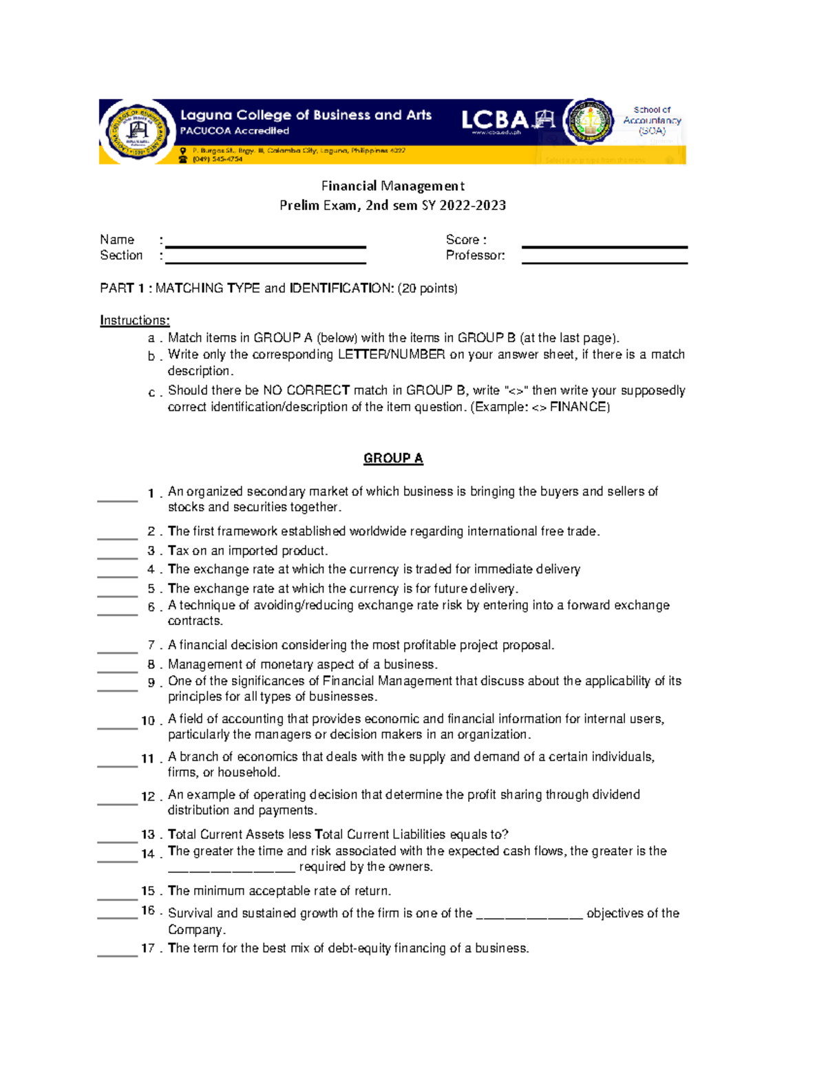 2023 Prelim FM - Name : Score : Section : Professor: PART 1 : MATCHING ...