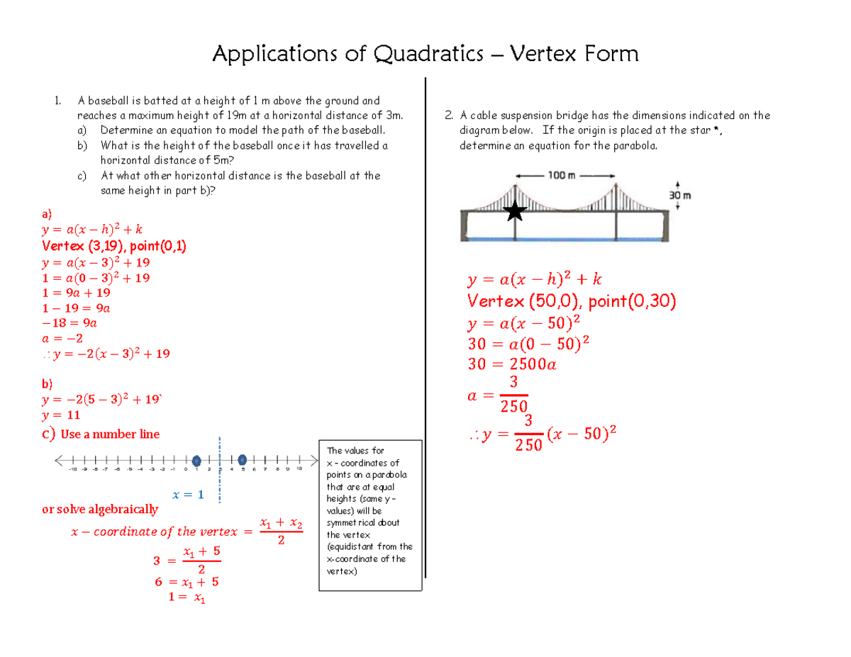 2.7 Solutions to Examples - Applications of Quadratics – Vertex Form 1 ...