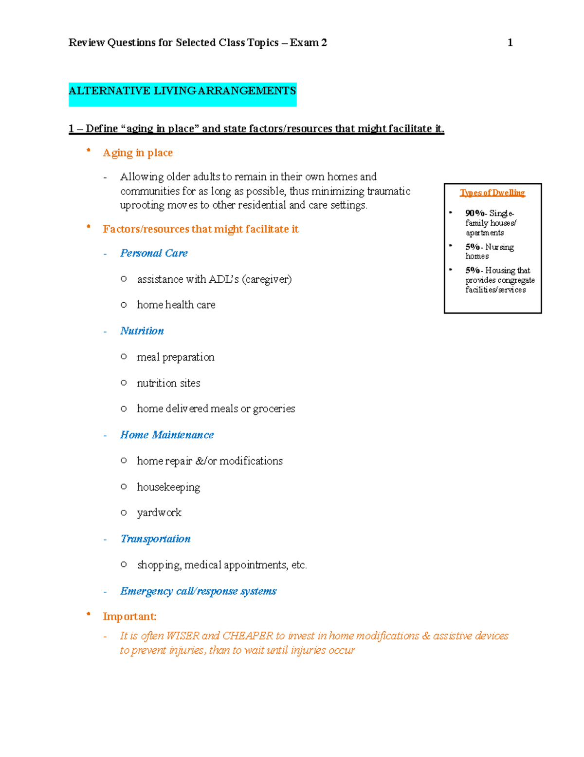 EXAM 2 Study Guide GERO - Alternative living arrangements ...