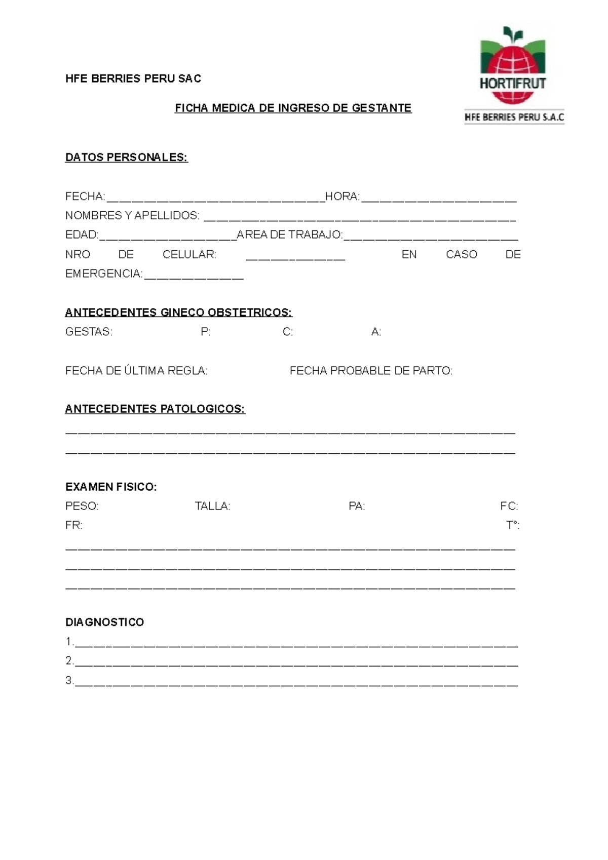 Control DE Gestante - HFE BERRIES PERU SAC FICHA MEDICA DE INGRESO DE GESTANTE DATOS PERSONALES ...