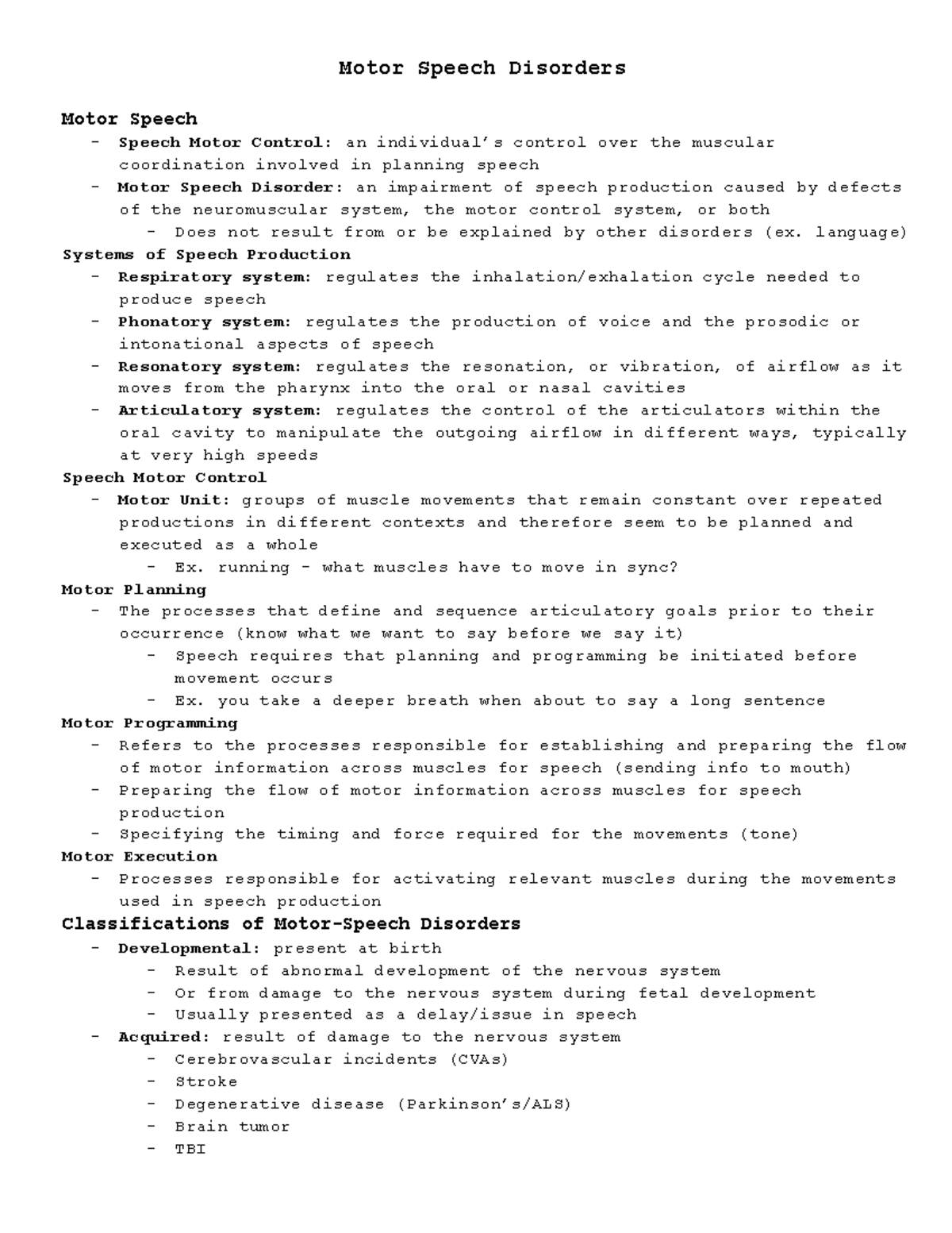Motor Speech Disorders - SLHS 1150 - UConn - Studocu