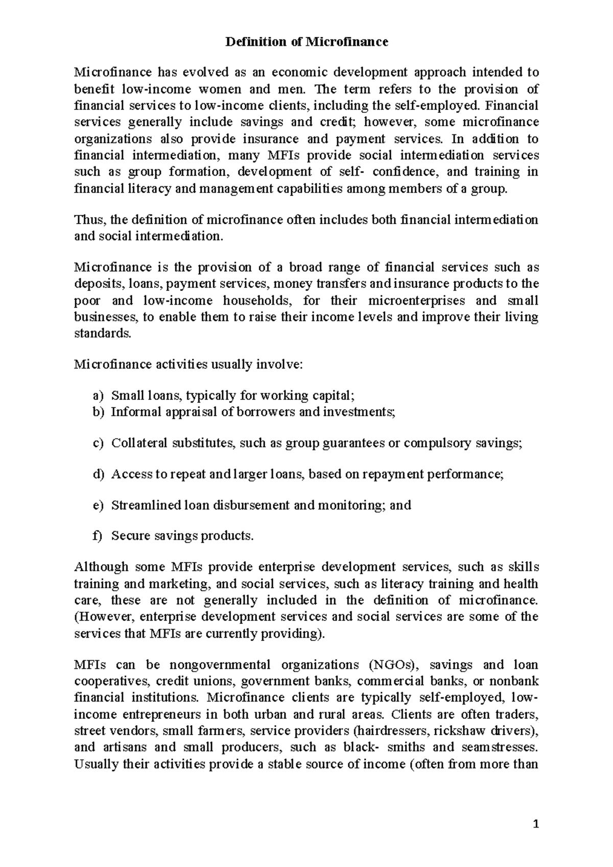 Microfinance-Introduction to Principles of Microfinance - Definition of ...