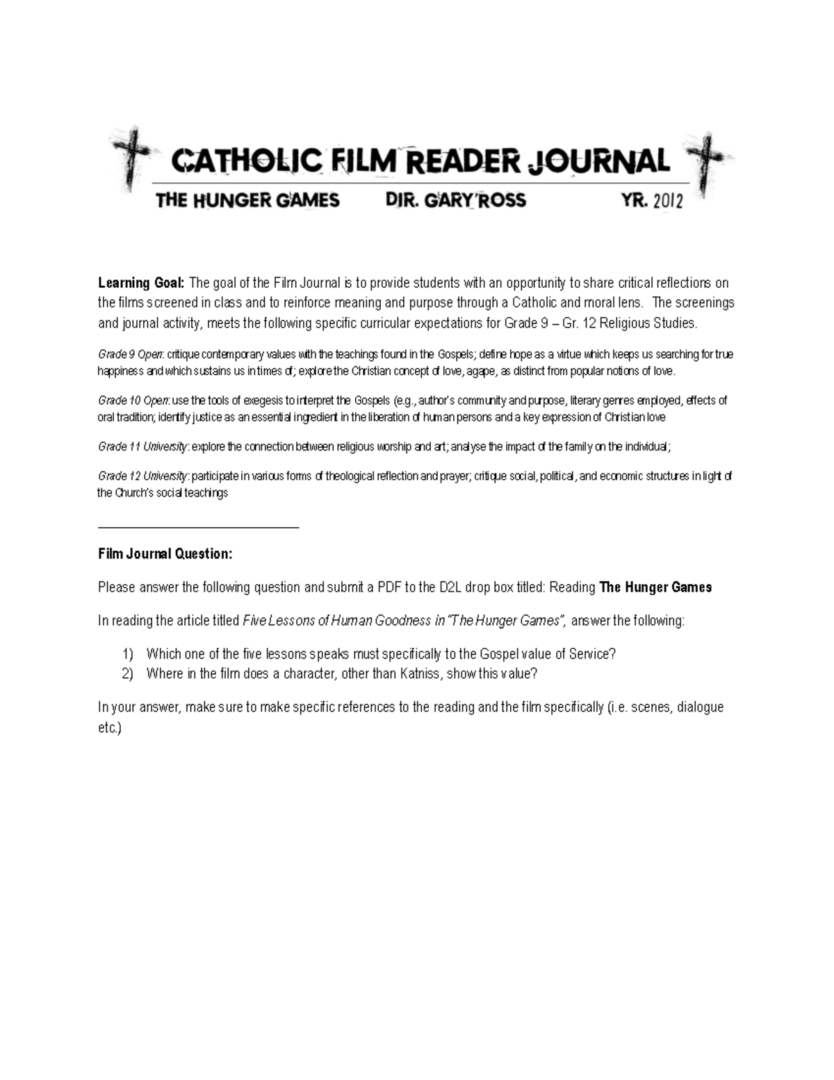 Film Journal - The Hunger Games - Learning Goal: The goal of the Film ...