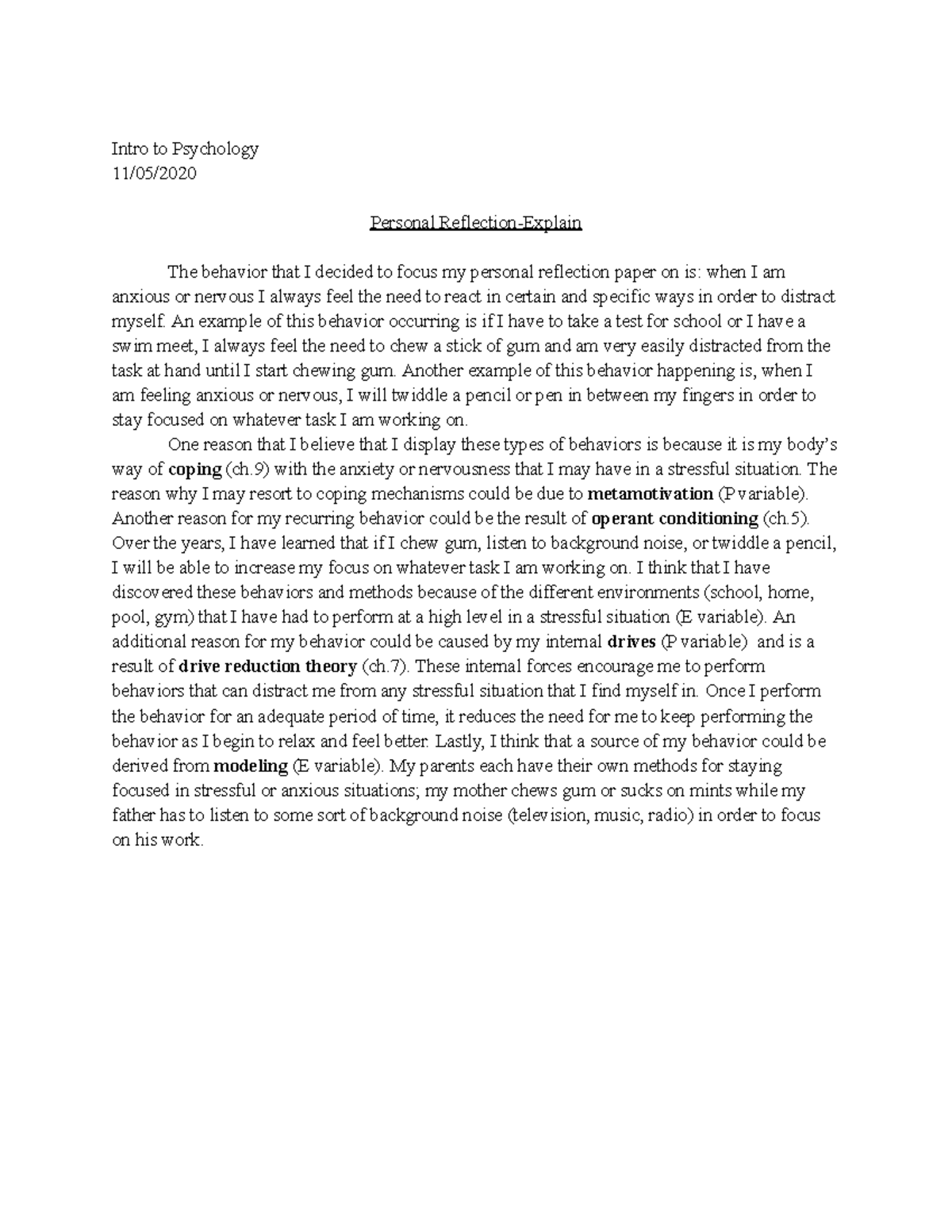 Personal Reflection-Explain - Intro to Psychology 11/05/ Personal ...