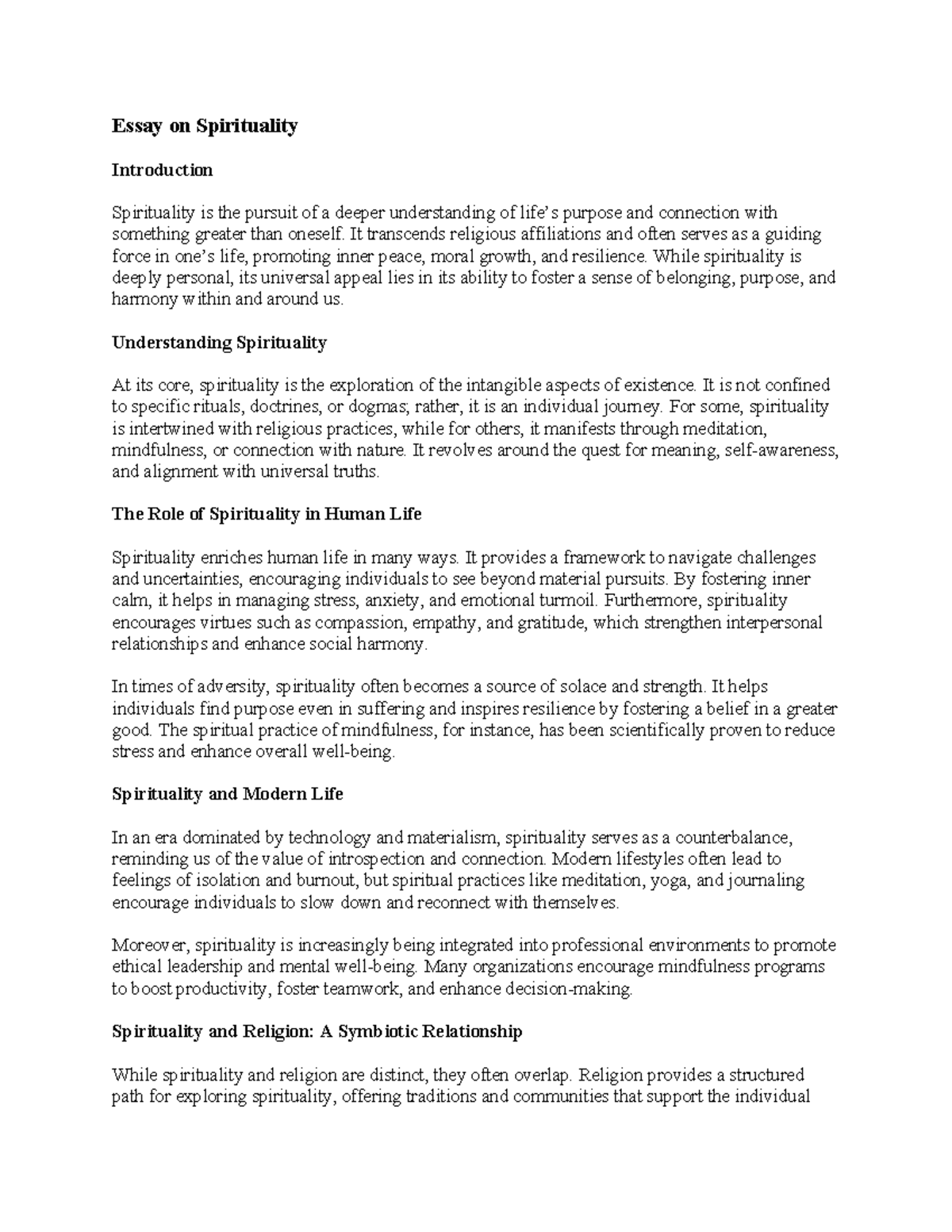 Spirituality - Essay on Spirituality Introduction Spirituality is the ...