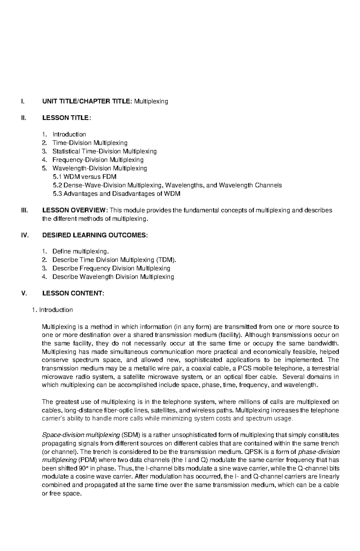 Modulation and Coding Techniques - Lesson 6 - I. UNIT TITLE/CHAPTER ...