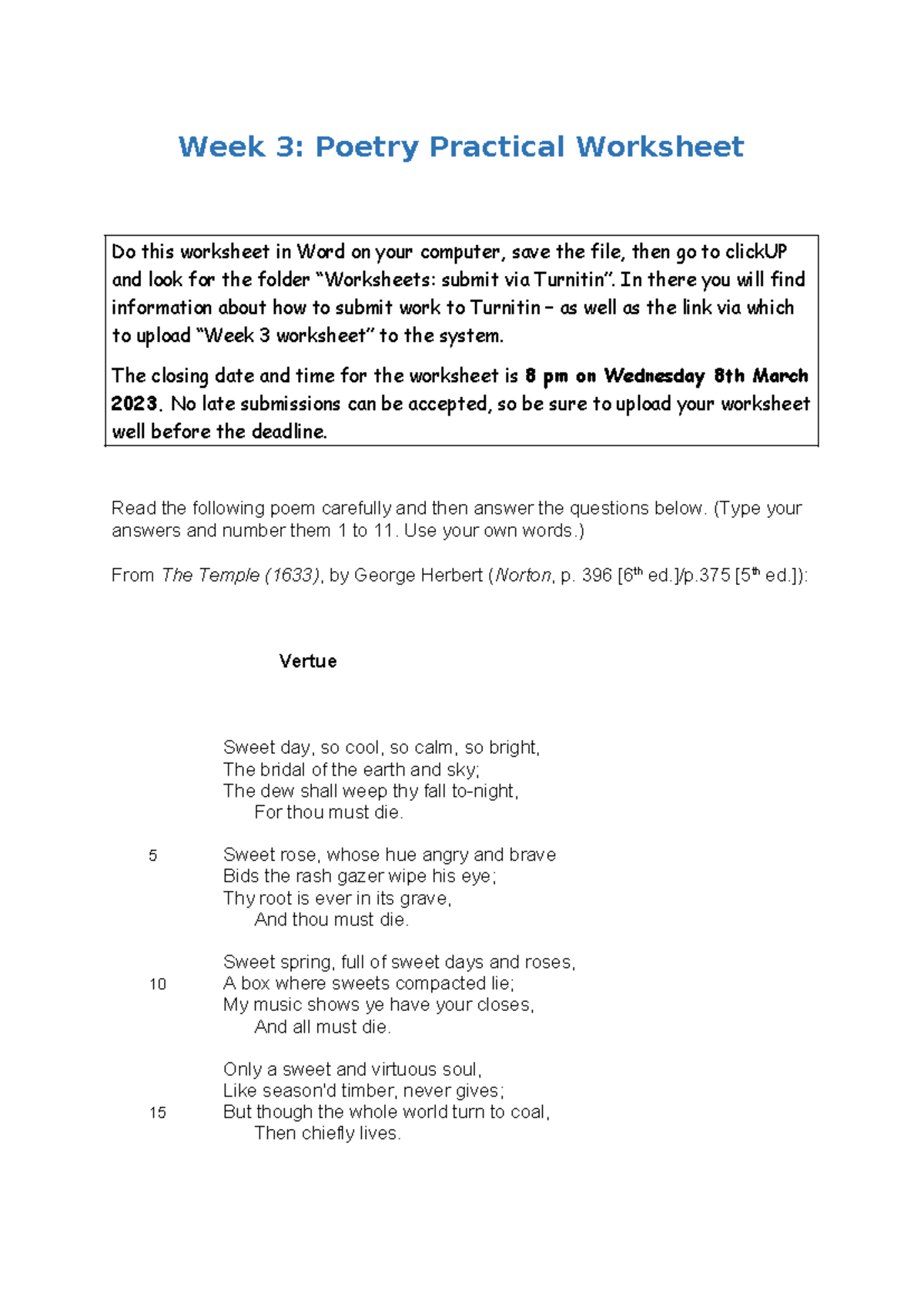 Week 3 Practical Worksheet - Week 3: Poetry Practical Worksheet Do this ...
