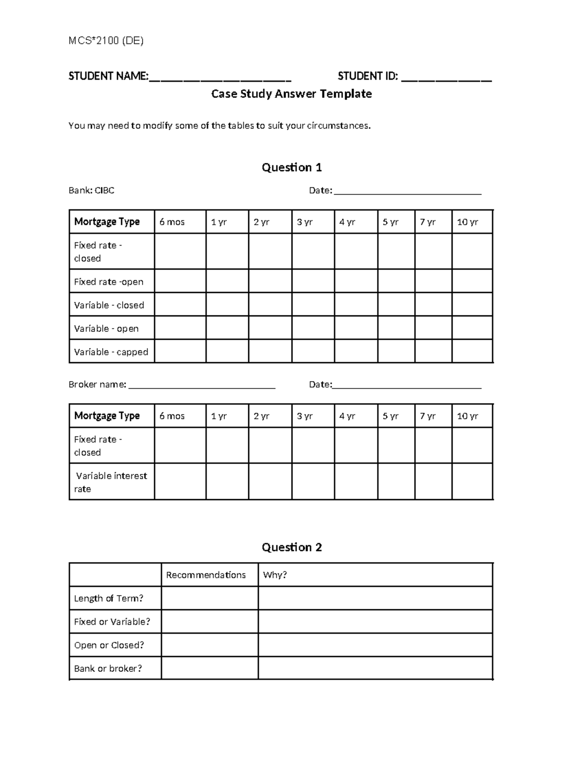 Case Study Answer Template MCS2100DE F2020 - STUDENT NAME ...