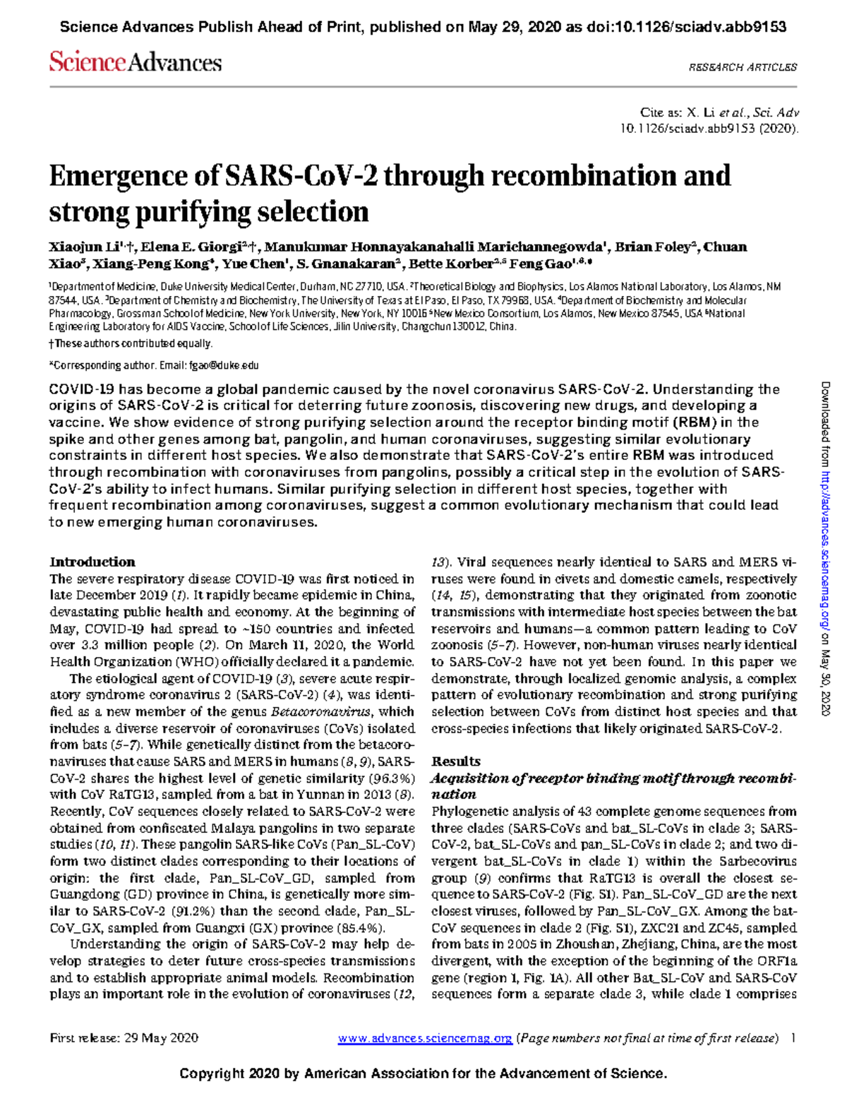 Li - Emergence of SARS-Co V-2 through recombination and strong ...