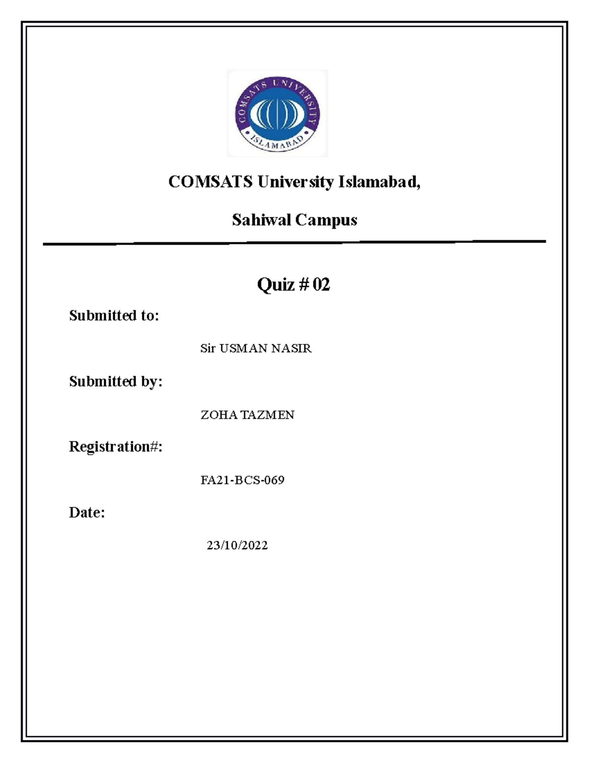 FA21-BCS-069 Sec Quiz# 02 - COMSATS University Islamabad, Sahiwal Campus Quiz # 02 Submitted to ...