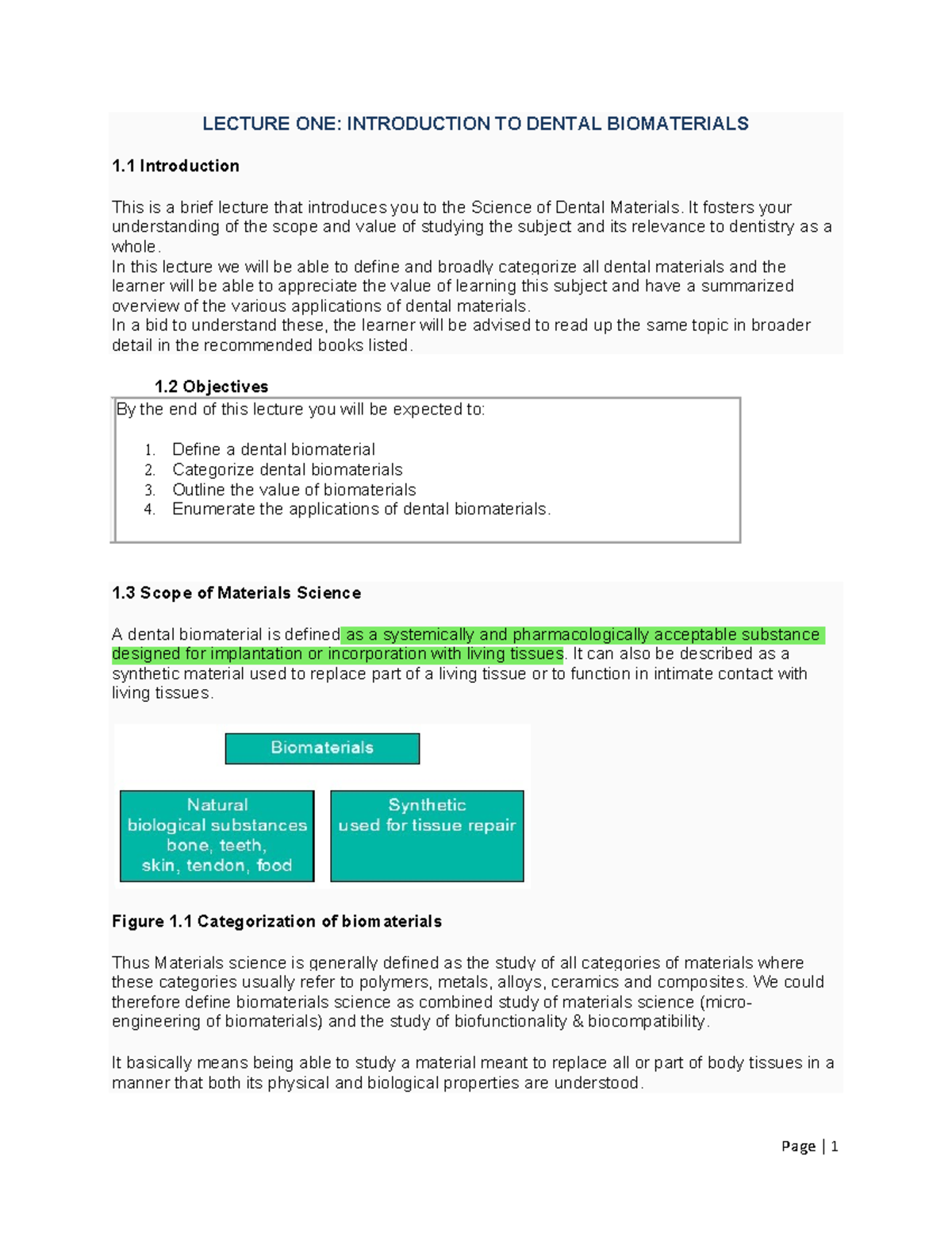 Biomaterials Module 1 - LECTURE ONE: INTRODUCTION TO DENTAL ...