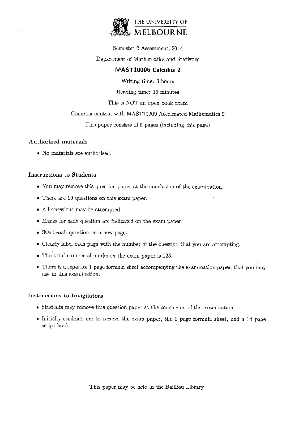 2014 s2 - paper - THE UNIVERSITY OF MELBOURNE Semester 2 Assessment ...