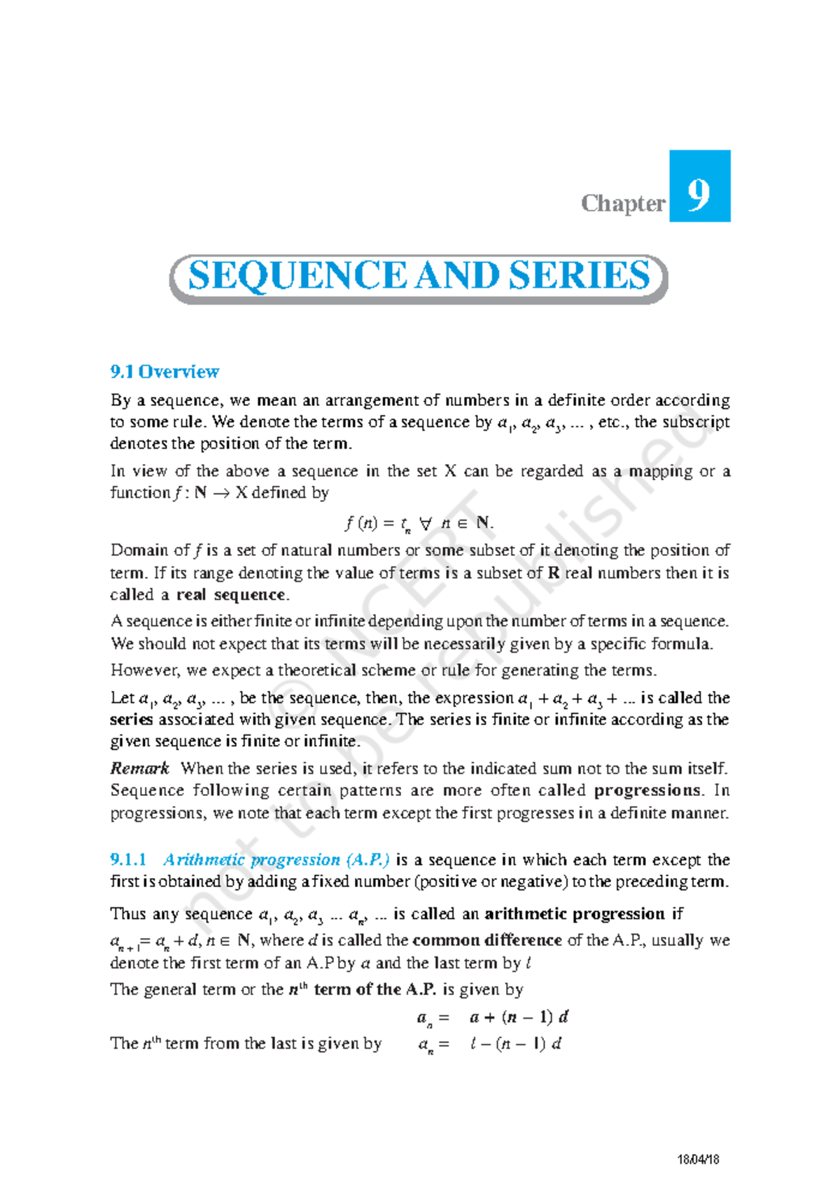 Keep209 - Summary on sequence and series for algebra - 9 Overview By a ...
