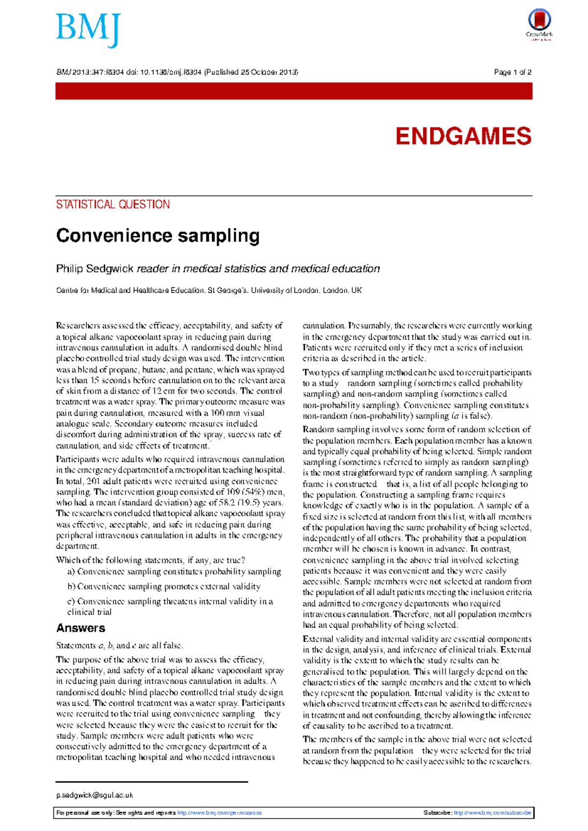 Convenience sampling - STATISTICAL QUESTION Convenience sampling Philip ...