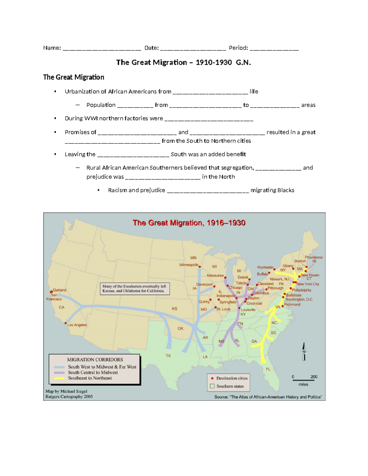 Great Migration G.N - Its hard - Name: ________________________ Date