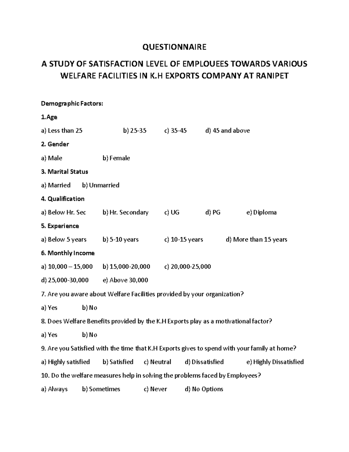 mba..questina - Copy - QUESTIONNAIRE A STUDY OF SATISFACTION LEVEL OF ...