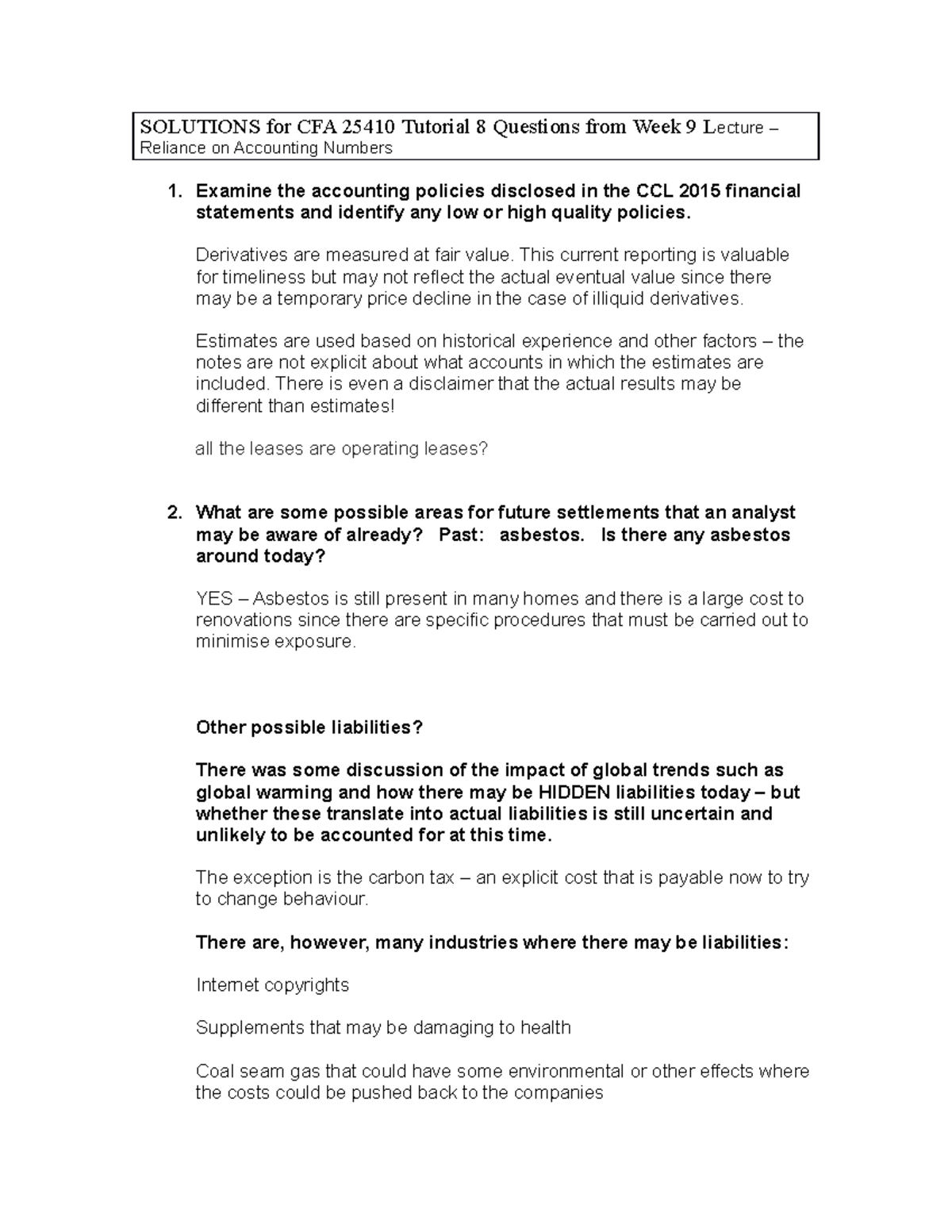 Tutorial 8 solutions Reliance on Accounting Numbers - SOLUTIONS for CFA 25410 Tutorial 8 ...
