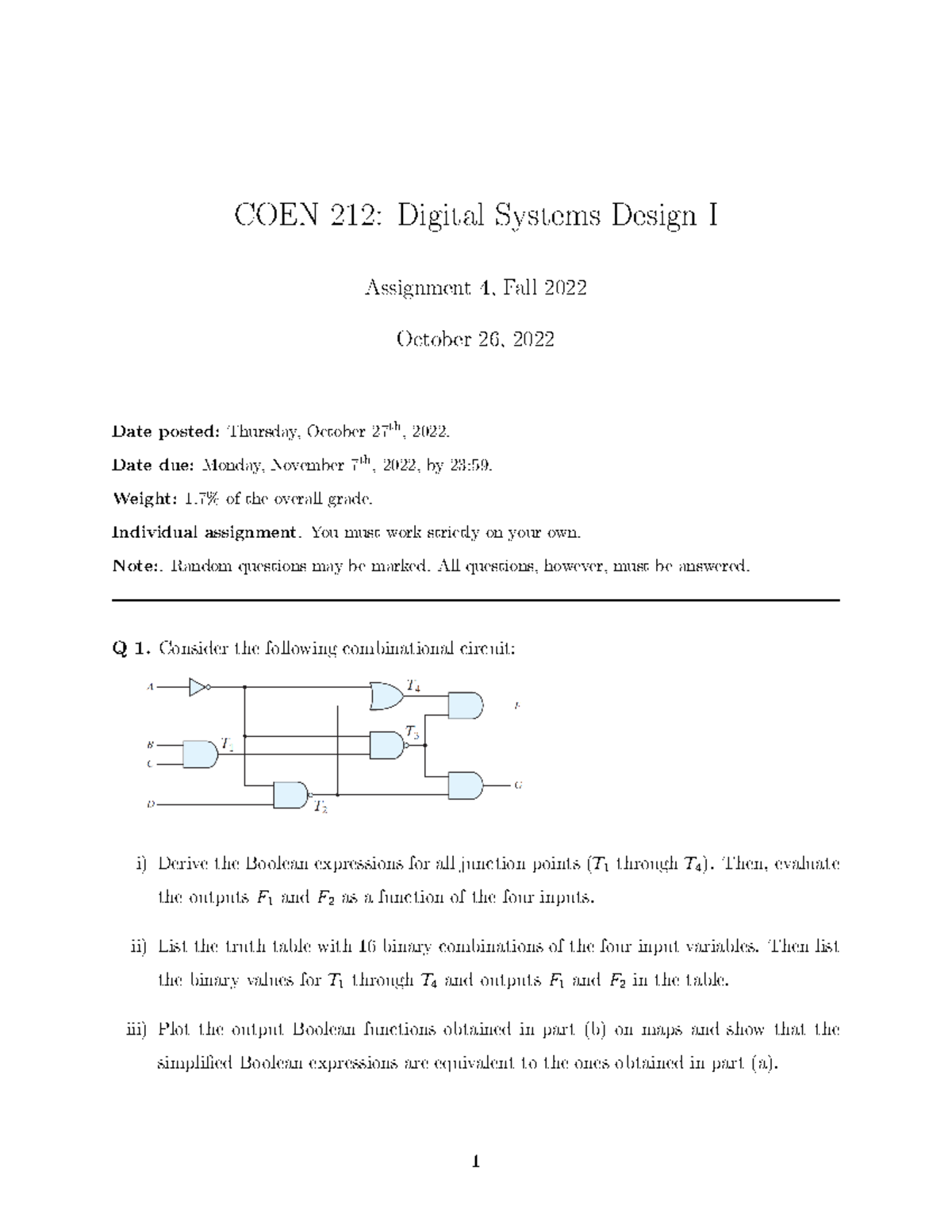 Coen212.2022f.a04.assignment.iv - COEN 212: Digital Systems Design I Assignment 4, Fall 2022 ...
