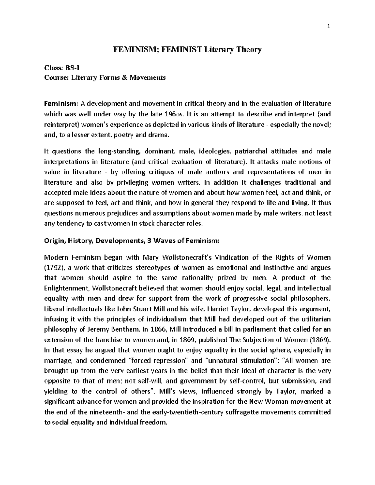 Feminism-Literary Movement - 1 FEMINISM; FEMINIST Literary Theory Class ...