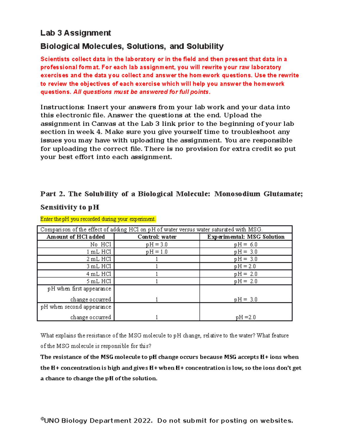 Lab 3 Assignment: Biological Molecules Solutions and Solubility - Studocu