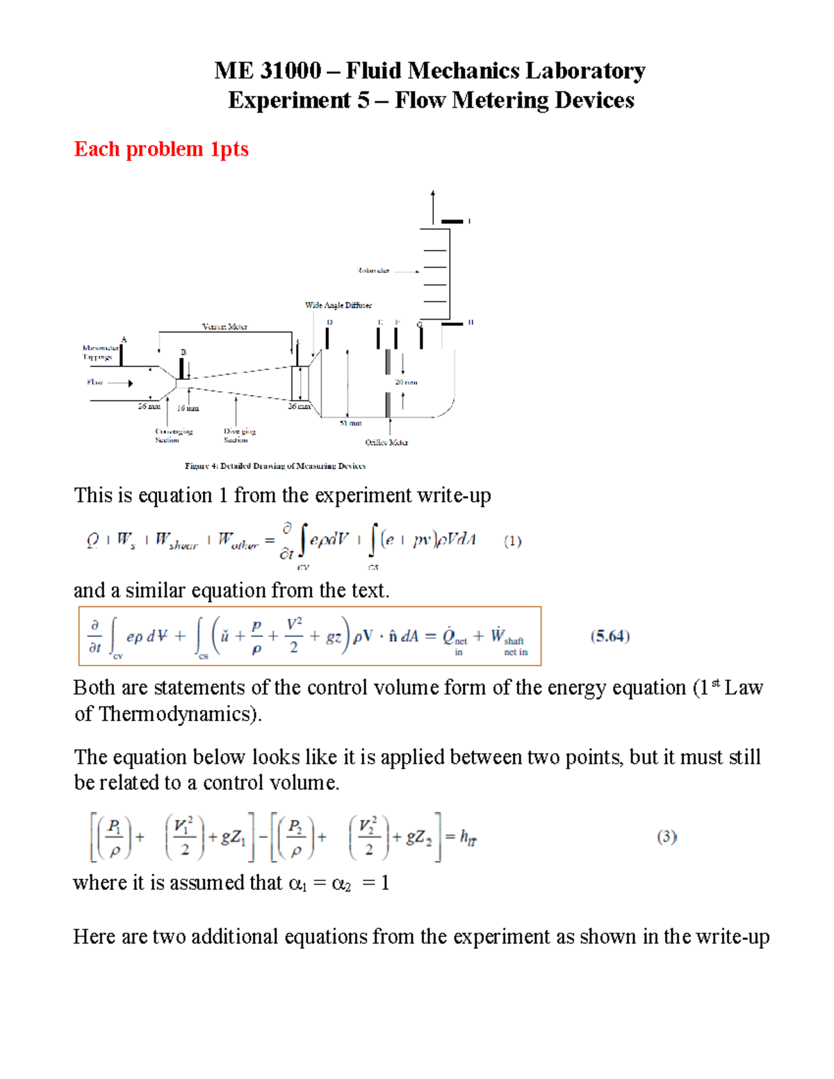 P05 Experiment 05 Pre Lab - Flow Metering - ME 31000 – Fluid Mechanics ...