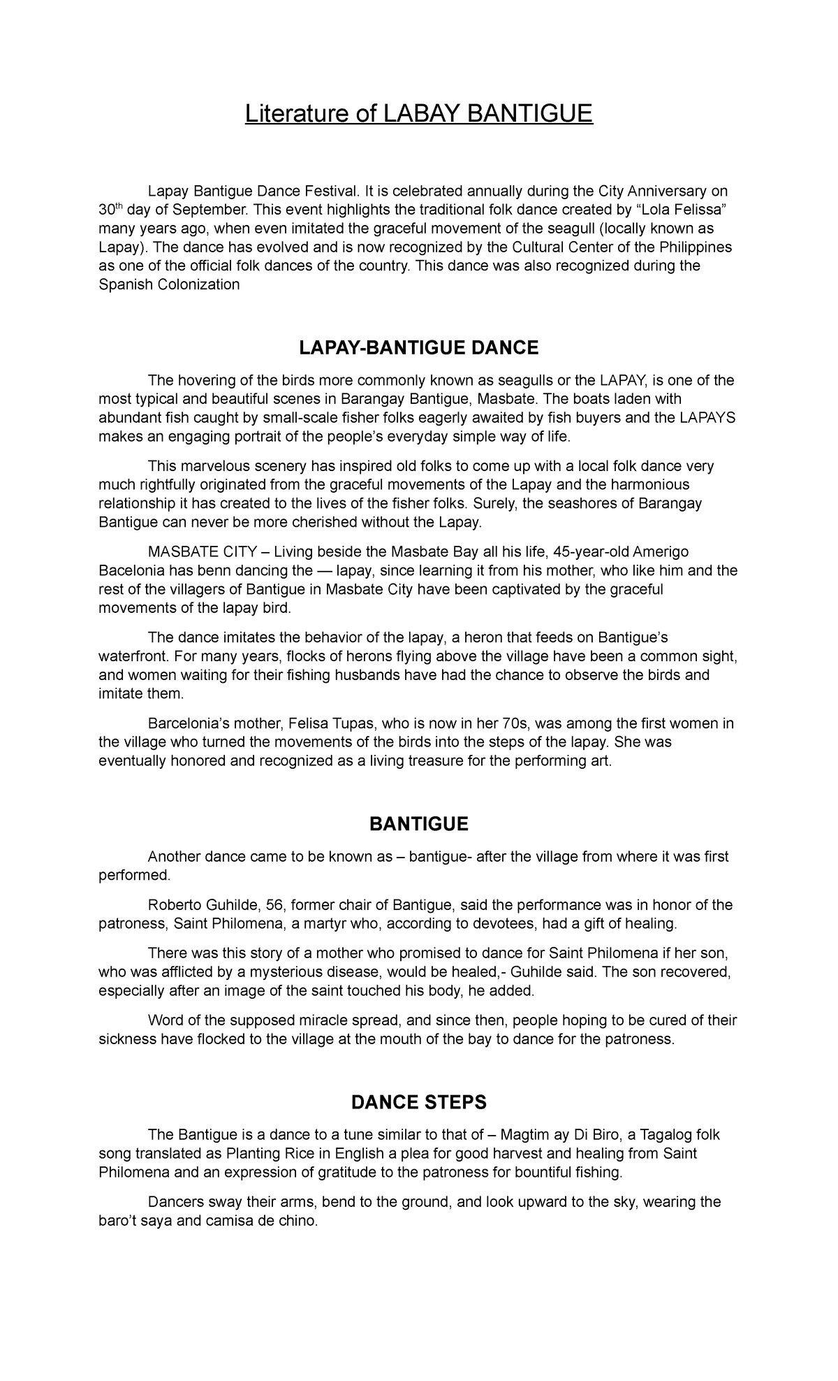 Literature of Labay Bantigue - Literature of LABAY BANTIGUE Lapay ...