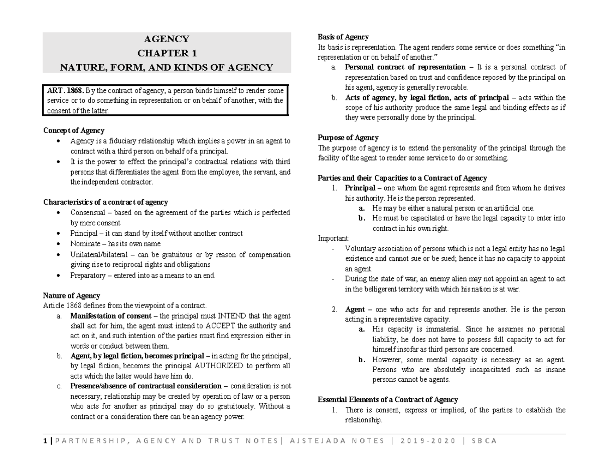 Notes in Agency De Leon - AGENCY CHAPTER 1 NATURE, FORM, AND KINDS OF ...