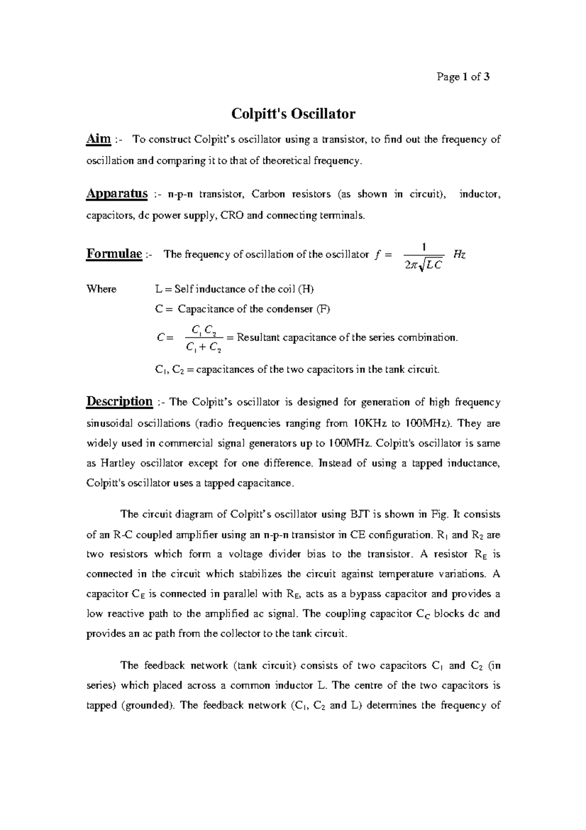 Colpitts-oscillator - Page 1 of 3 Colpitt's Oscillator Aim :- To construct Colpitt’s oscillator ...