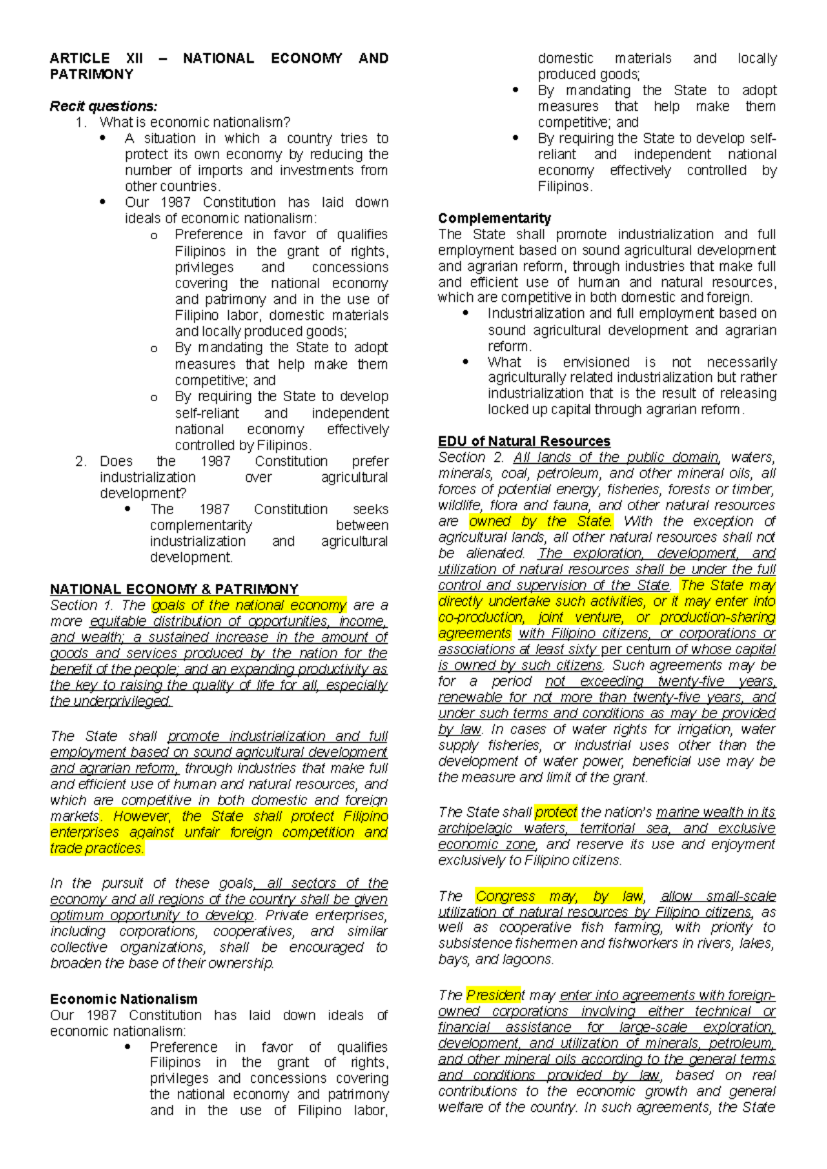 Article XII - Notes - ARTICLE XII – NATIONAL ECONOMY AND PATRIMONY ...