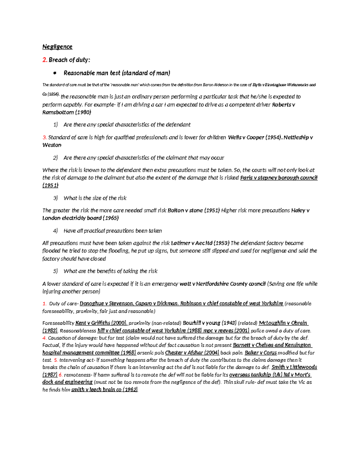 Law notes - Negligence 2. Breach of duty: Reasonable man test (standard ...