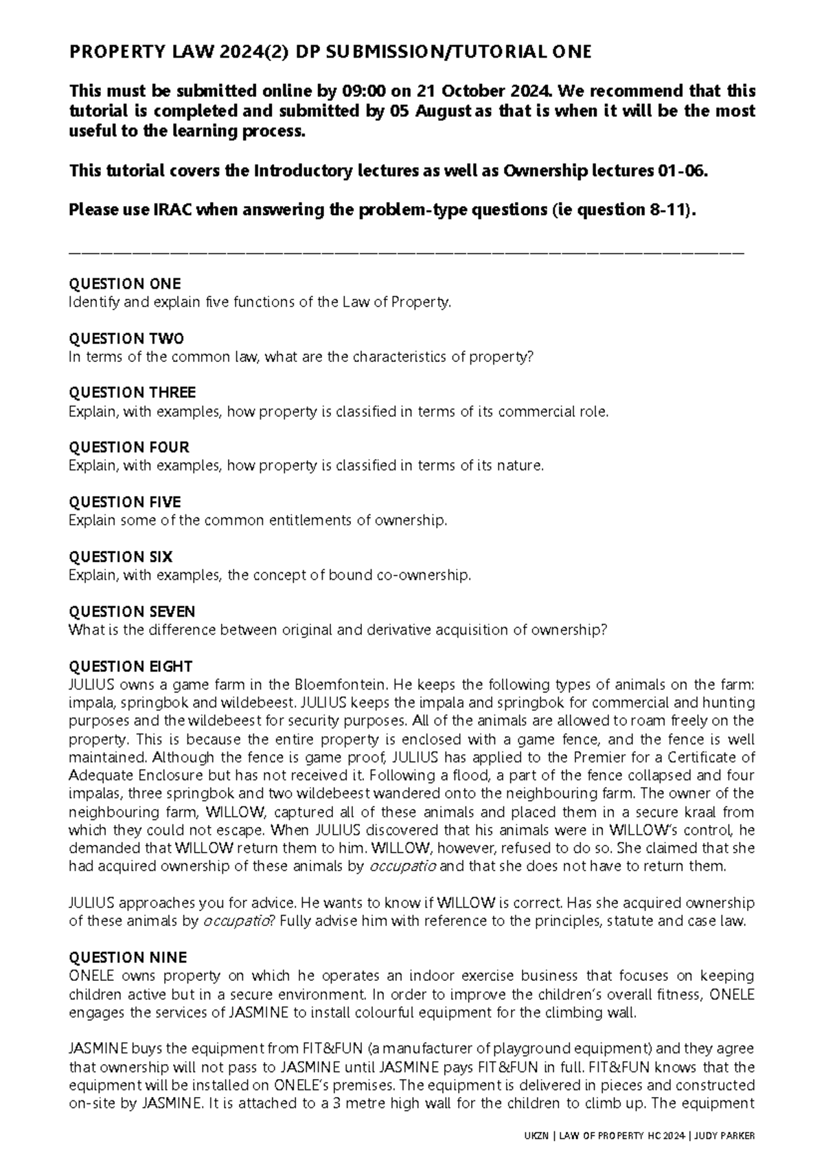 DP Submission Tutorial 01 - UKZN | LAW OF PROPERTY HC 2024 | JUDY PARKER PROPERTY LAW 2024( 2 ...