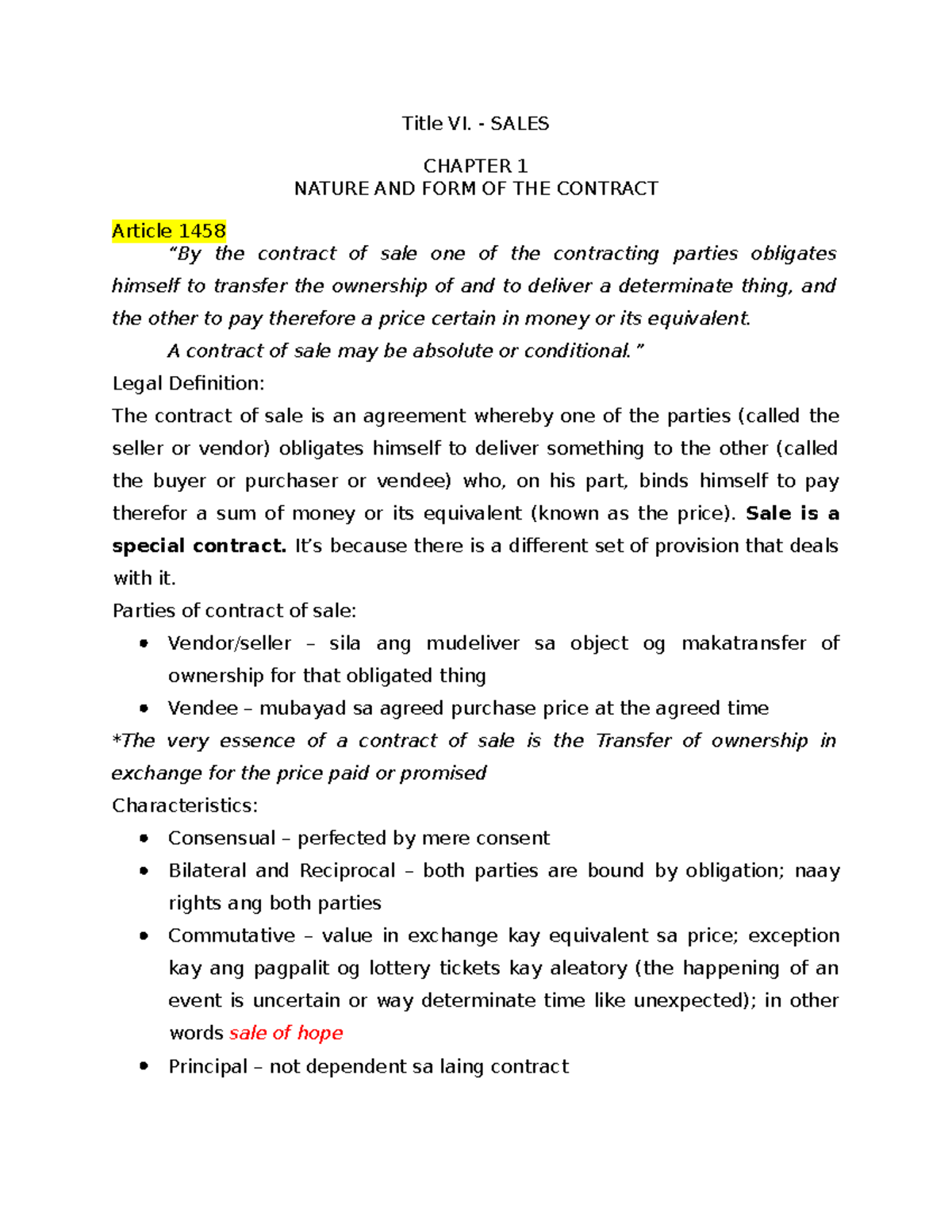 Sales Notes - Title VI. - SALES CHAPTER 1 NATURE AND FORM OF THE ...