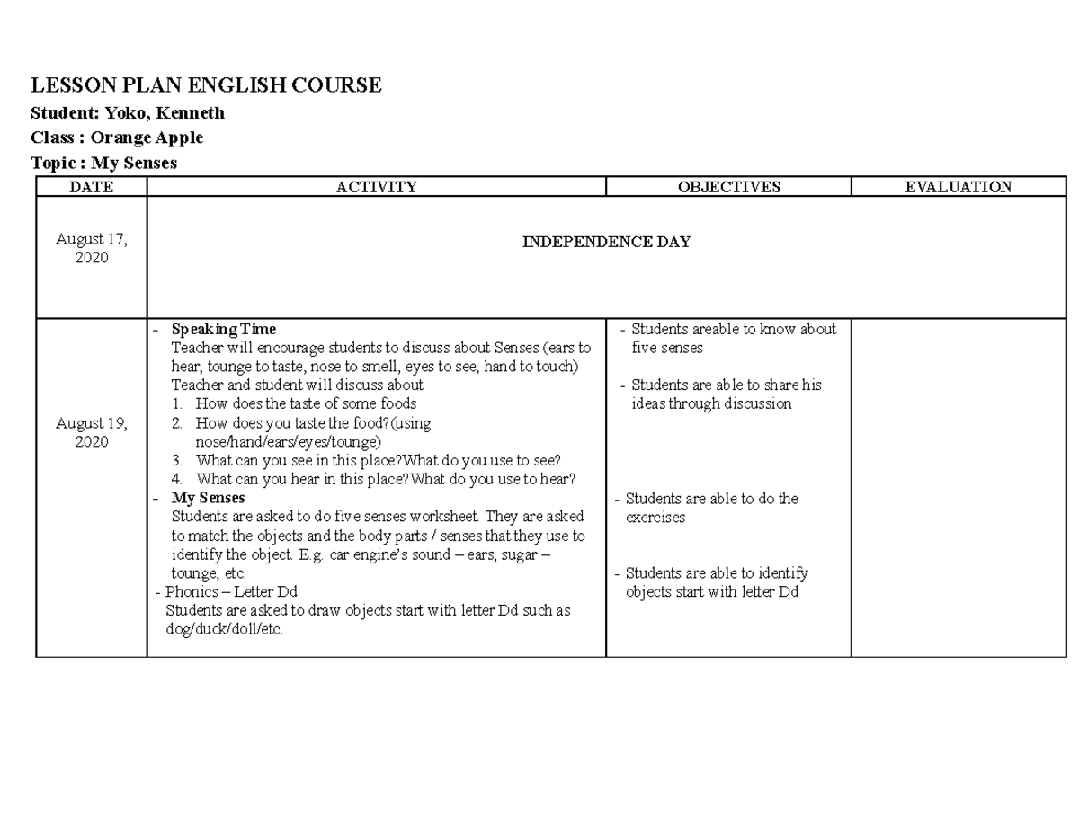 Lesson Plan English Course New - LESSON PLAN ENGLISH COURSE Student ...