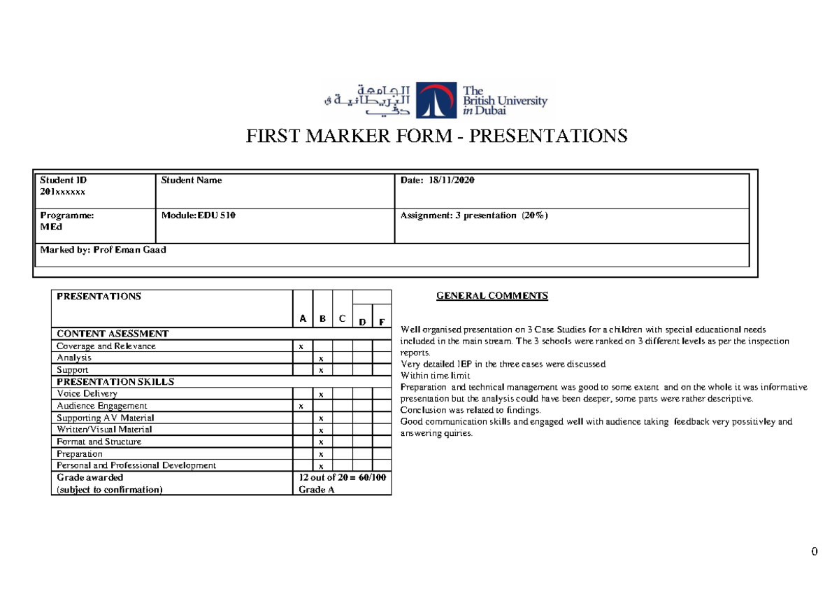 Sample presentation rubrics - FIRST MARKER FORM - PRESENTATIONS 1 ...