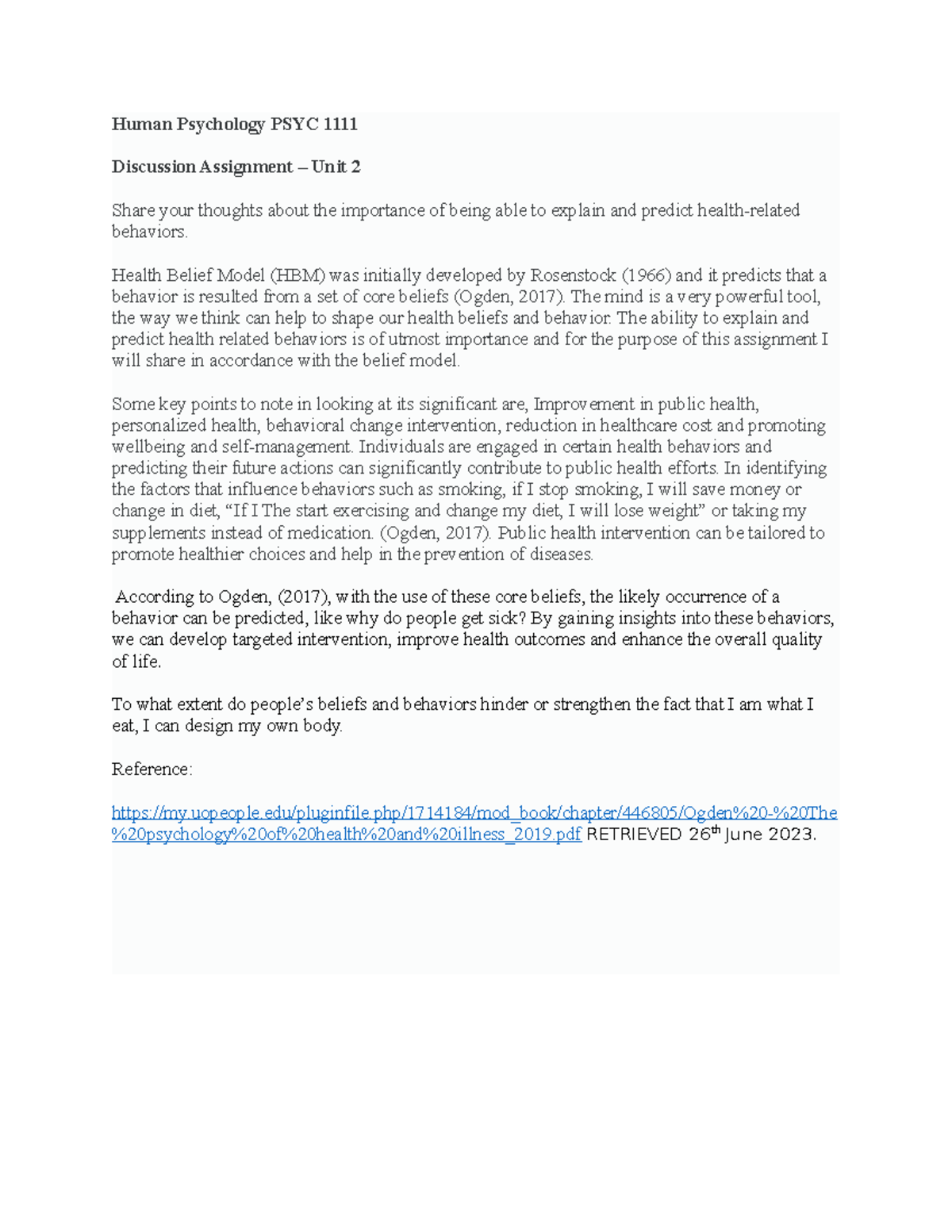 Human Psychology PSYC 1111 - Discussion 2 - Human Psychology PSYC 1111 Discussion Assignment ...