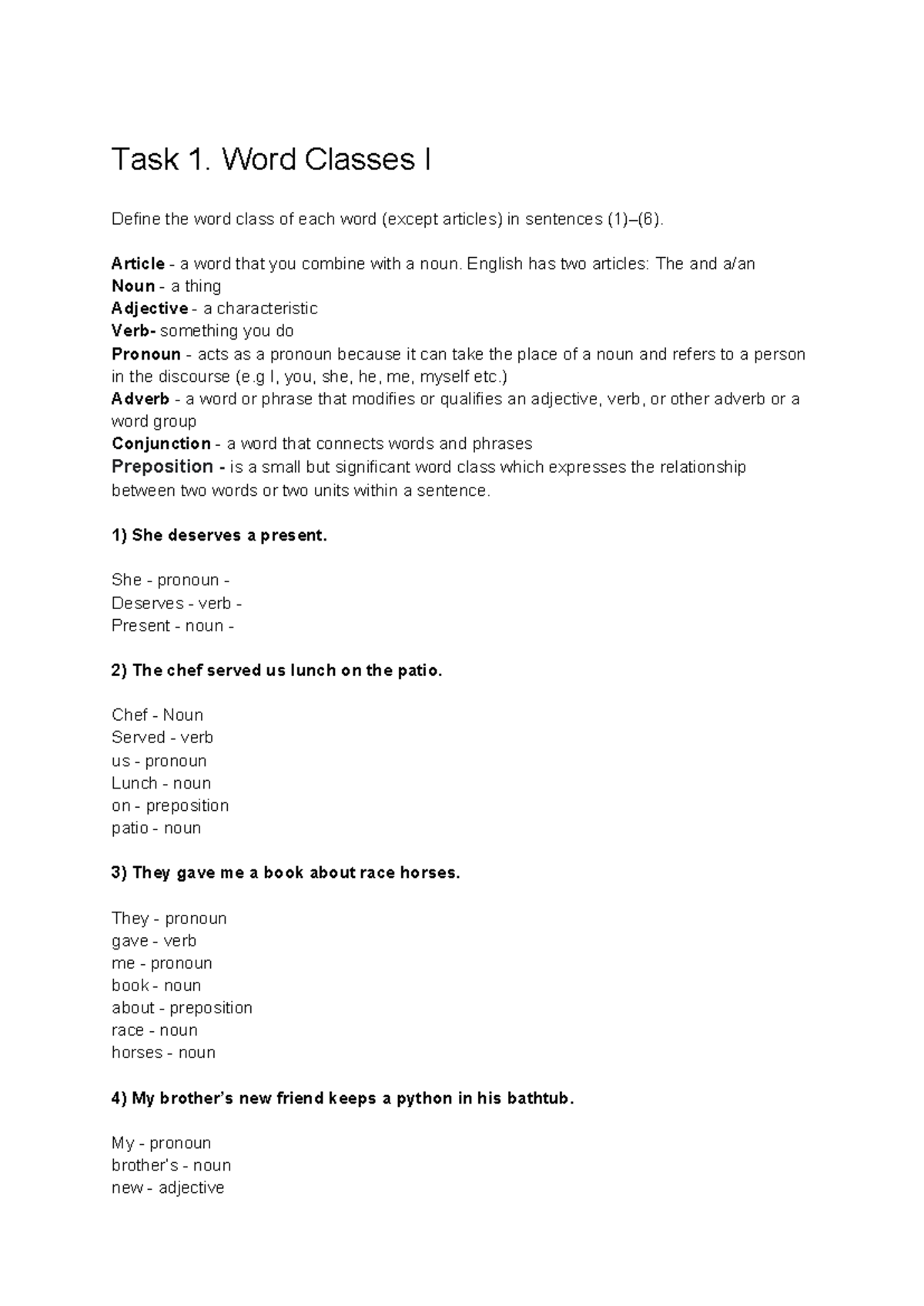 Seminar 1 - Task 1. Word Classes I Define the word class of each word ...