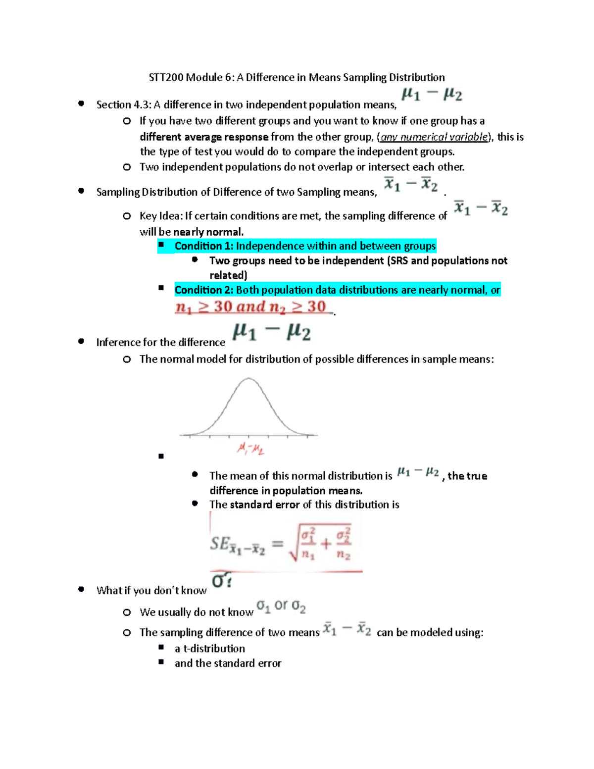 STT200 module 6 - Lecture notes 6 - STT200 Module 6: A Difference in ...